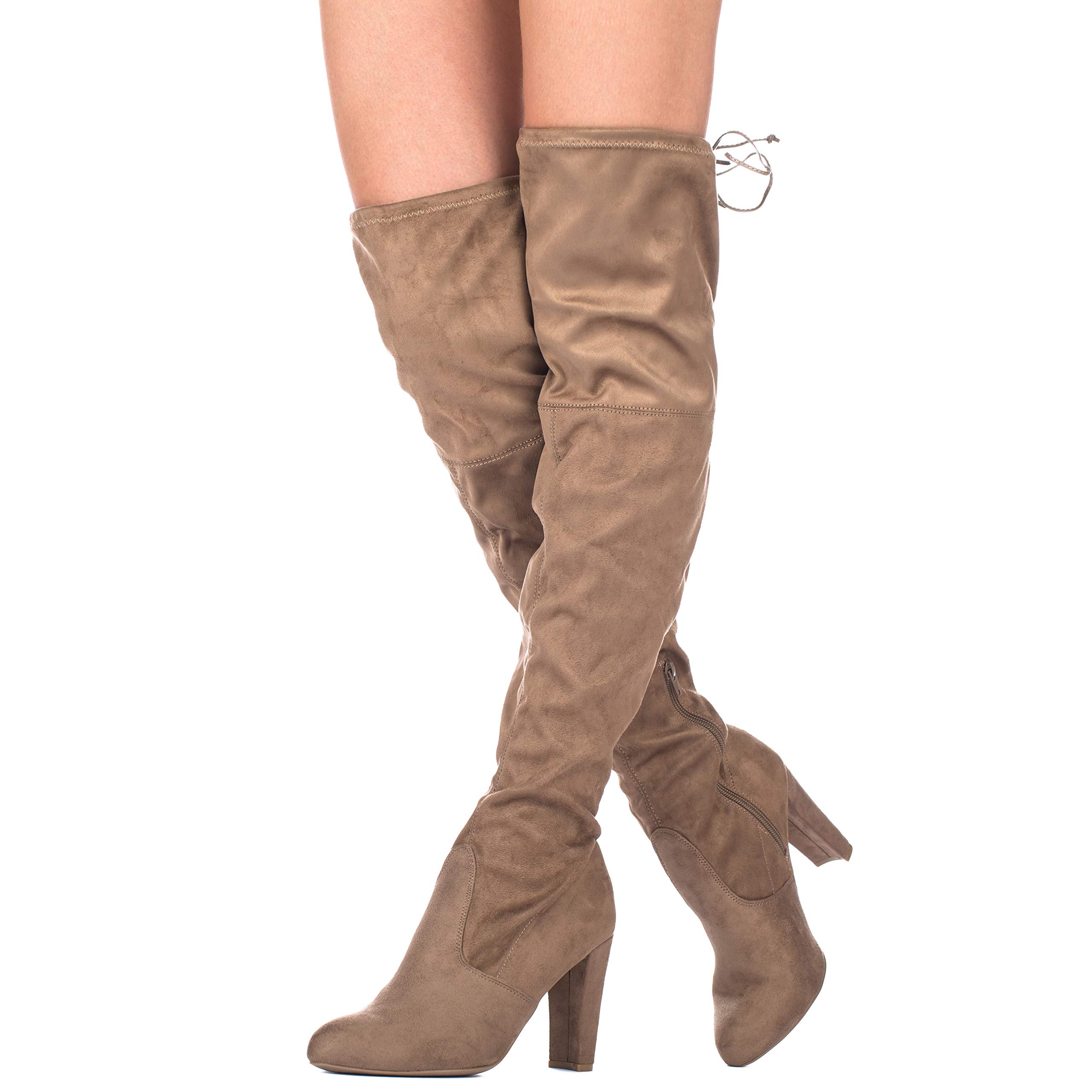 ILLUDE Women's Thigh High Stretch Boot - Sexy Over The Knee Pull on Boot β Drawstring Block Heel Shoe - Comfortable Knee High Boots (9, Taupe)