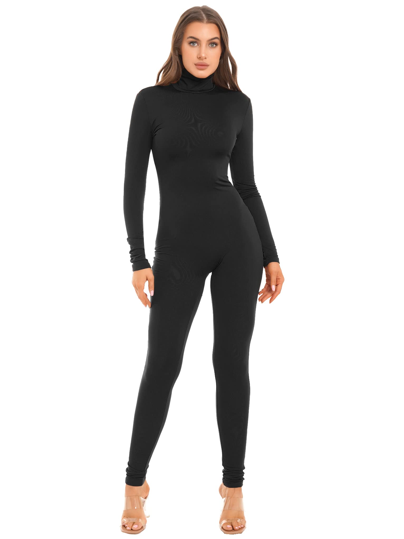 Mufeng Womens One Piece Turtleneck Long Sleeve Bodysuit Full Length Zip Back Jumpsuit Thermal Underwear Base Layer Black Medium