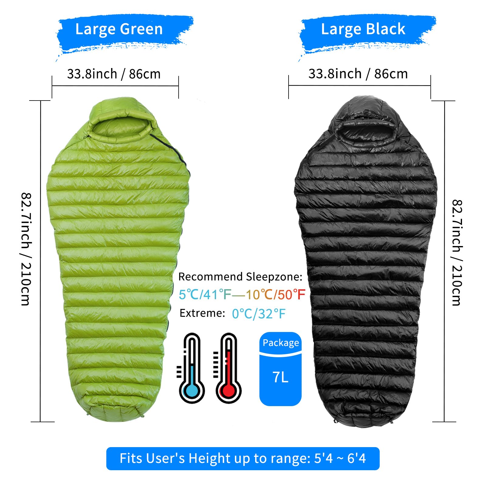 NewDoar Urltra-Light Camping Sleeping Bag 800FP White Goose Down Spring Summer Outdoor Autumn Mummy Sleeping Bag for Hiking Tent (Goose Down Black Blue)