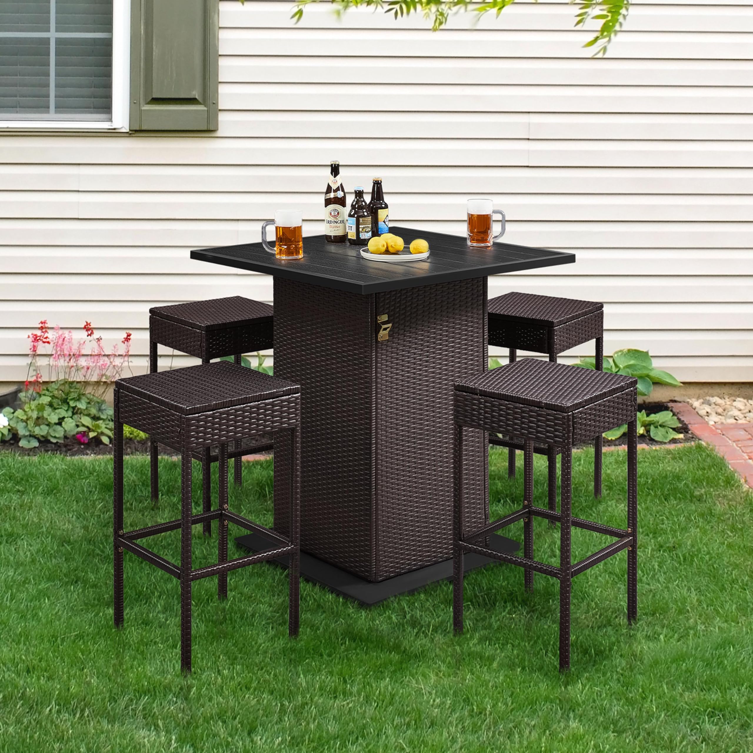 Yaheetech 5 Piece Rattan Bar Set, Outdoor Wicker Set 1 Bistro Table & 4 Stools - PE Patio Rattan Table w/Closed Storage Cabinet & Built-in Bottle Opener, and 4 Square PE Rattan Bar Stools
