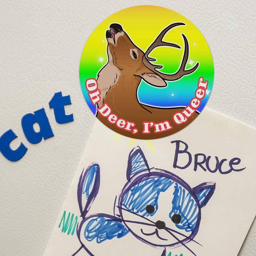 Oh Deer I'm Queer Rainbow Pride Gay Lesbian Funny Automotive Car Refrigerator Locker Vinyl Circle Magnet