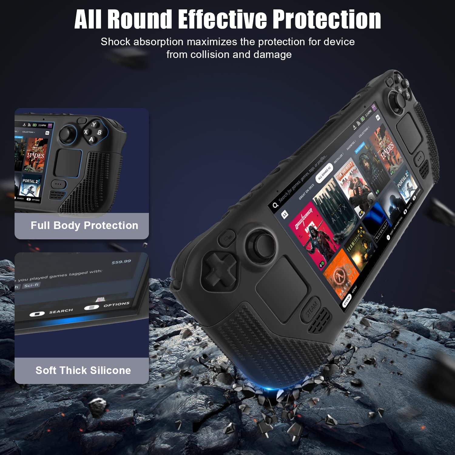 Protective Case for Steam Deck, VICHYIE Soft Silicone Cover Protector, Shockproof, Non-slip and Anti-Scratch Protector Shell for Valve Steam Deck(Black)