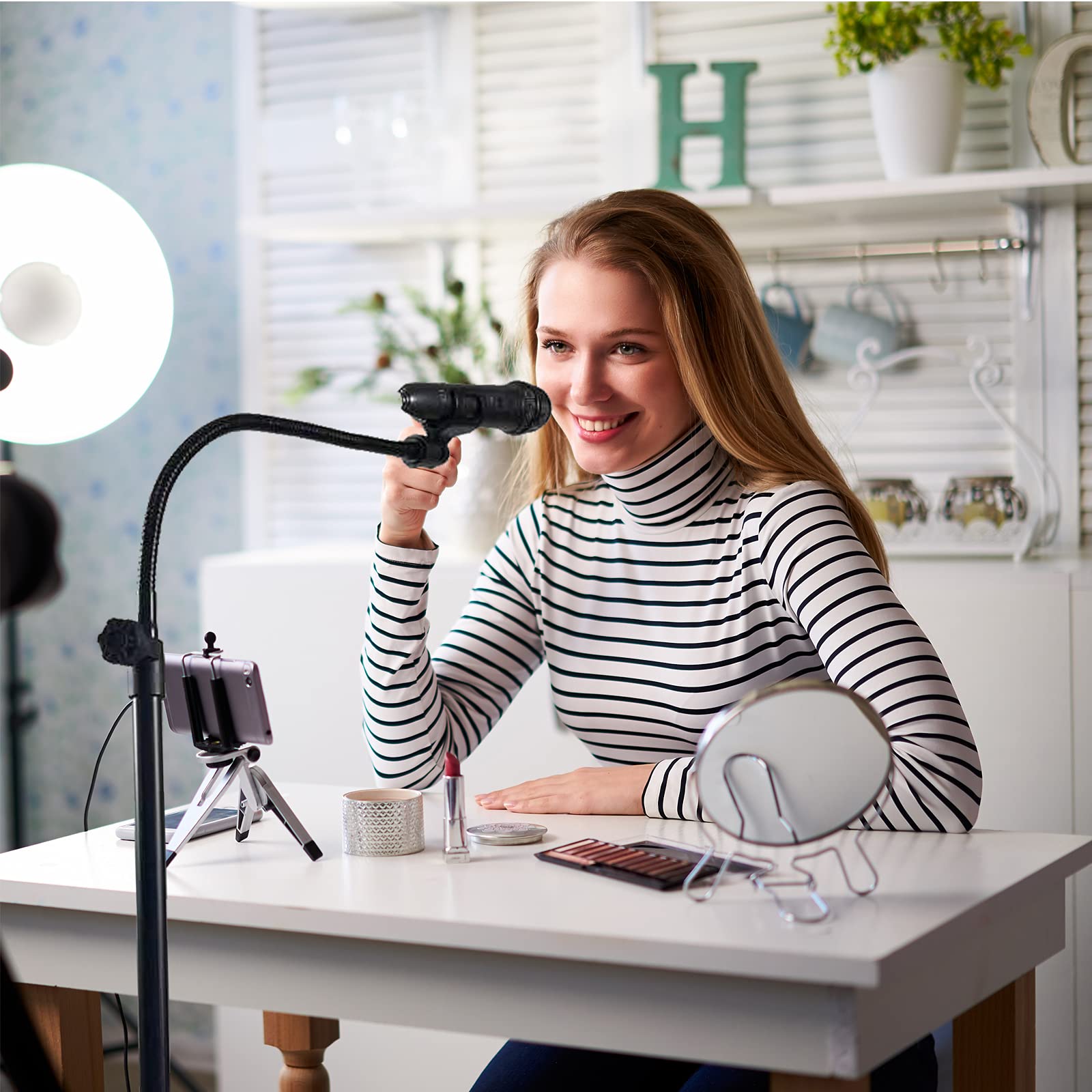Microphone Stand Portable Mic Stand with Phone Holder,Detachable Gooseneck Mic Tripod - Adjusted Height From 3 to 6 Feet - with 2 Standard Mic Clips