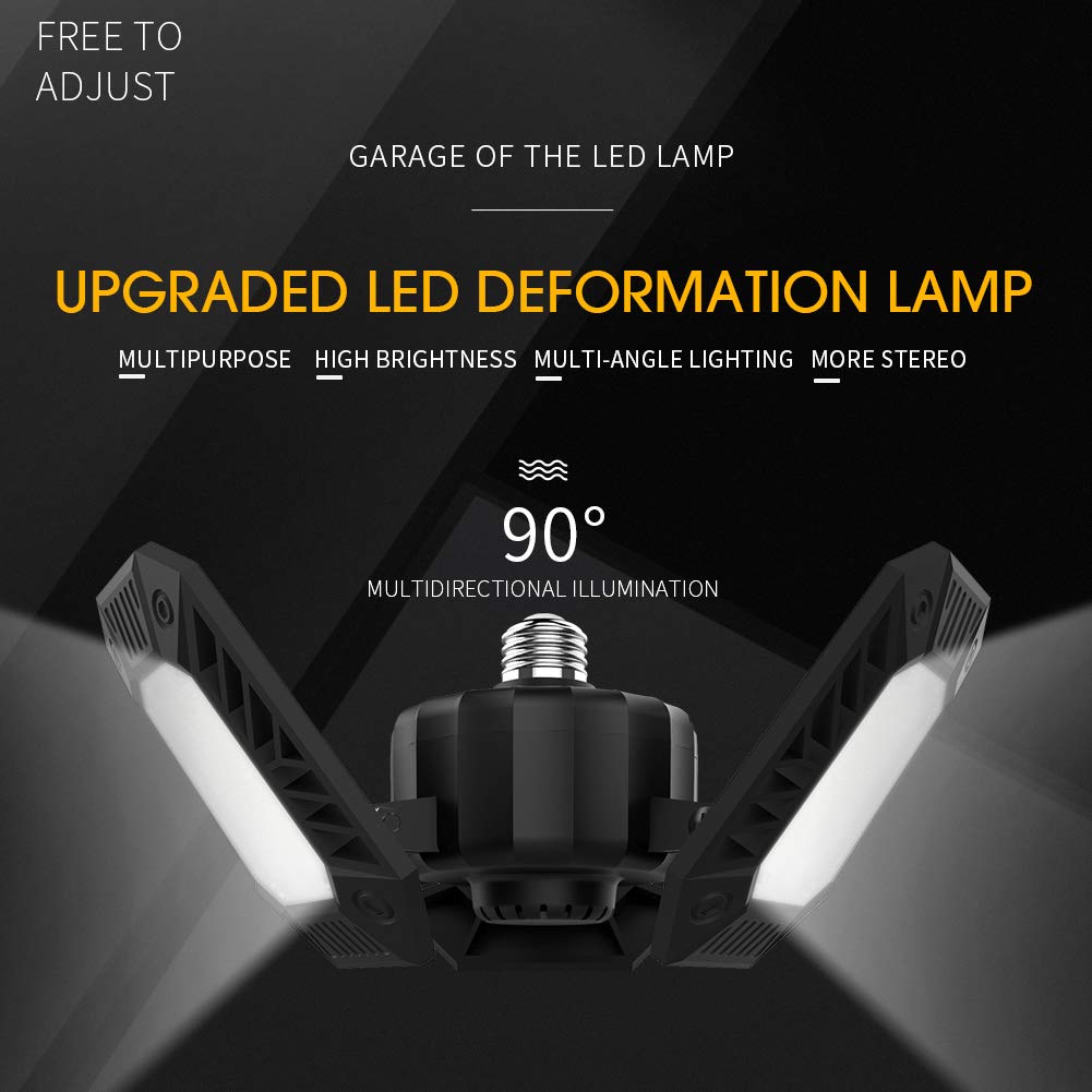 LED Garage Light,60W E26/E27 6000LM Deformable Bay Lighting,Led Shop Light with 3 Adjustable Aluminum Panels,6000K Daylight Garage Light for Workshop Basement Storage and Barn