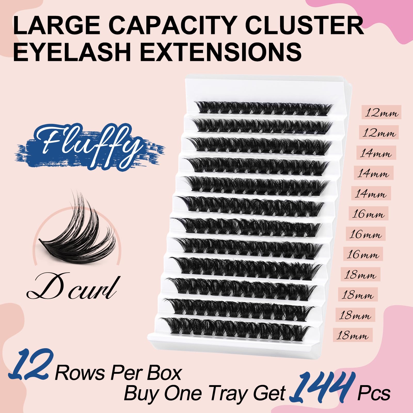 Lash Clusters 144 Pcs, Crislashes Cluster Lashes D Curl 12-18mm Mixed Fluffy Eyelash Clusters Wispy Manga Lashes Look Reusable at Home Lash Extension (Fluffy,D curl 12-18mm)