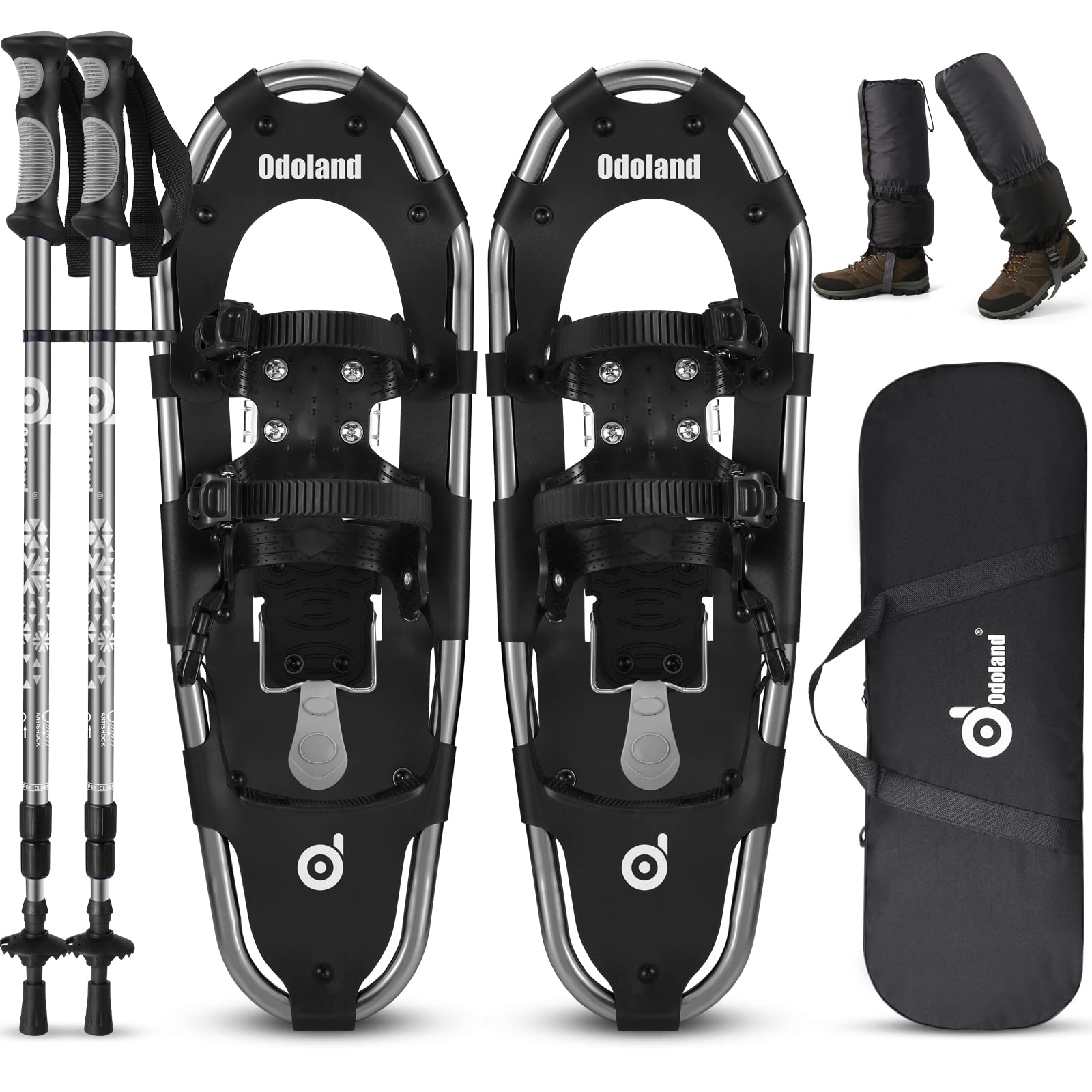 Odoland Bundle - 2 Items 4-in-1 Snowshoes with Trekking Poles, Black, M and Detachable Magnetic Snow Ski Goggles, Black Frame Silver Lens, VLT 10%