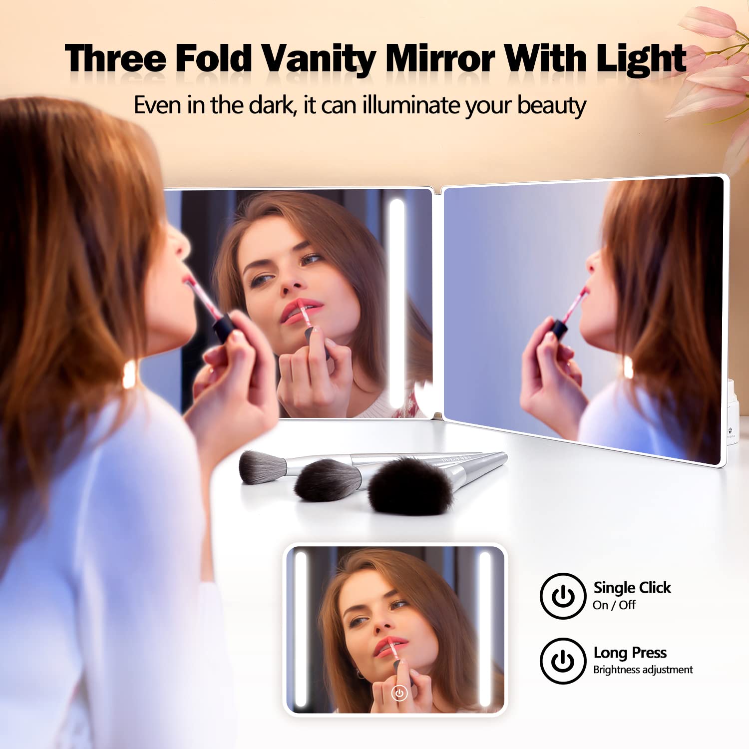 JANMPASK LED 3 Way Mirror for Self Hair Cutting Mirror Vanity Mirror Barber Supplies Accessories 360 Makeup Mirror with Light Trifold Mirror to See Back of Head (White with Light)