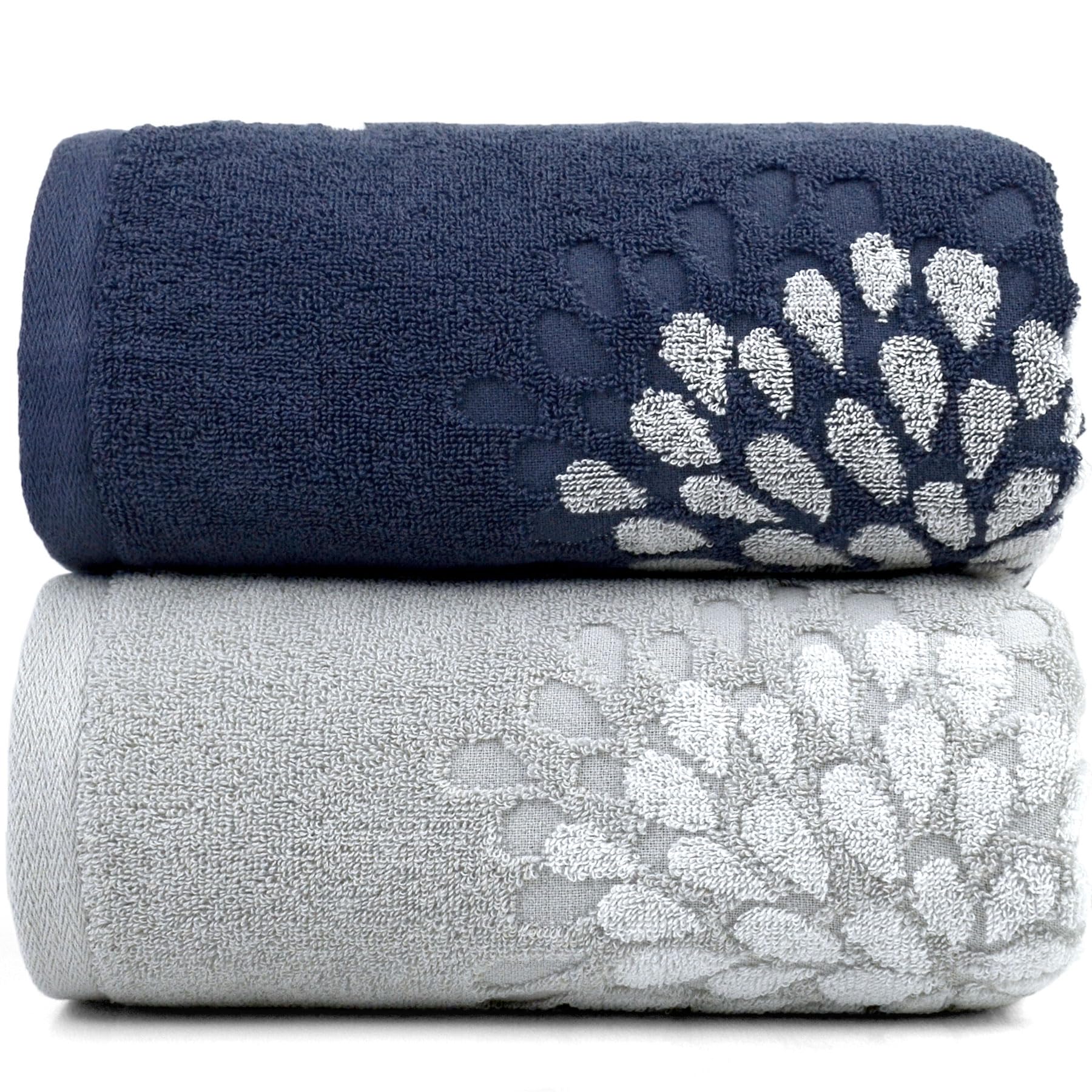 Jacquotha 2 Pack Cute Bath Towels Hydrangea Floral Jacquard - Extra Soft Absorbent Bathroom Towels for Shower Gym Pool, Denim Blue & Light Grey, 55" x 28"