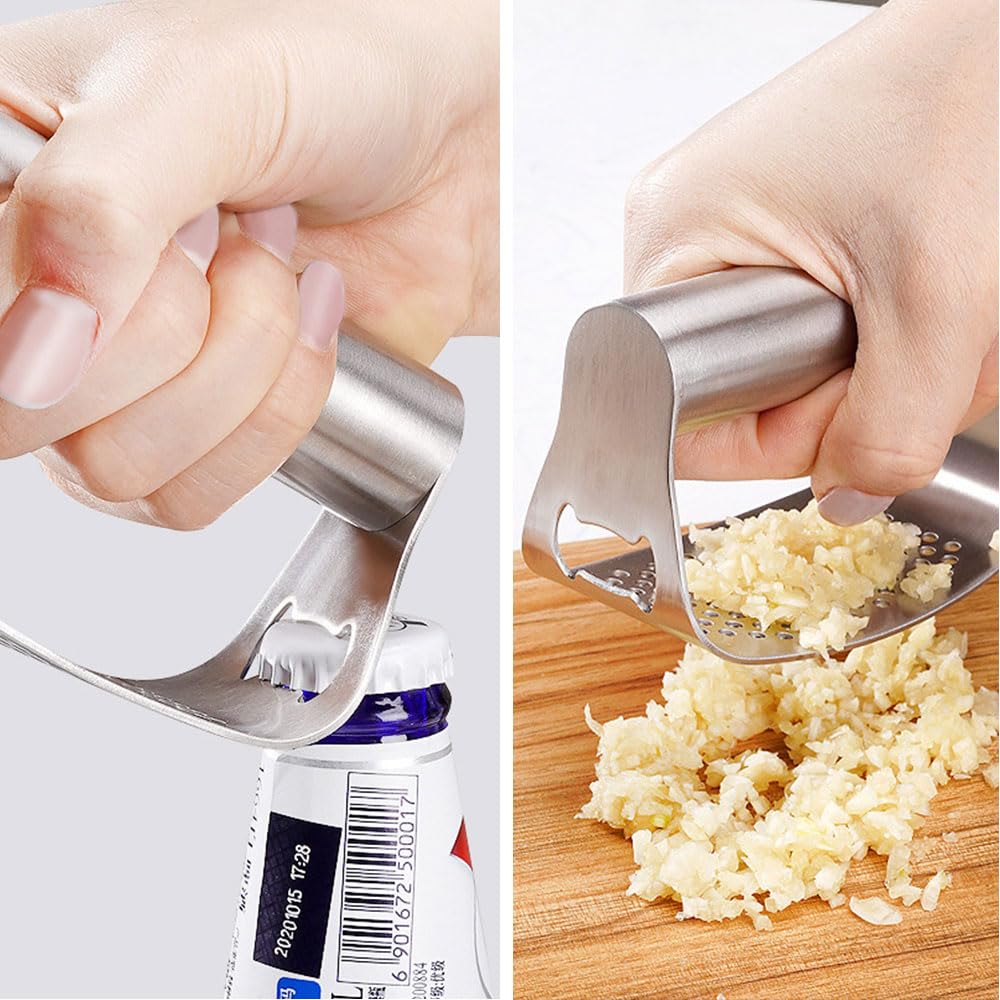 Stainless Steel Garlic Presser, 2024 New Garlic Press Rocker Garlic Mincer Garlic Crusher with Peeler and Cleaning Brush, Comfortable Handle Garlic Chopper for Smash Garlic Kitchen Tools (A)