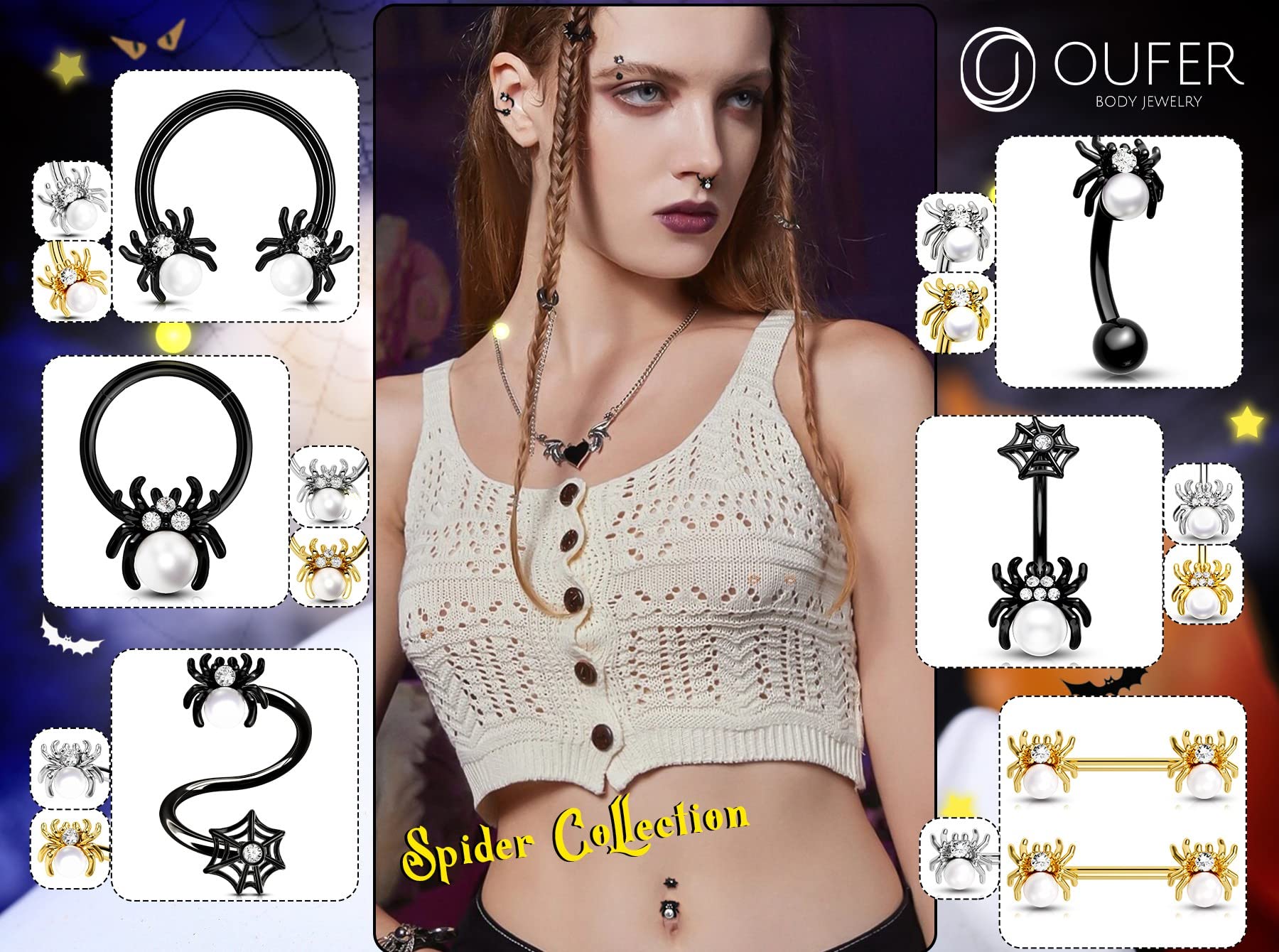 OUFER Twist Helix Earrings, 316L Stainless Steel Spider & Cobweb Elements Helix Piercing Jewelry, 16G Twist Lip Labret type Upper Lobe Earrings-Gold