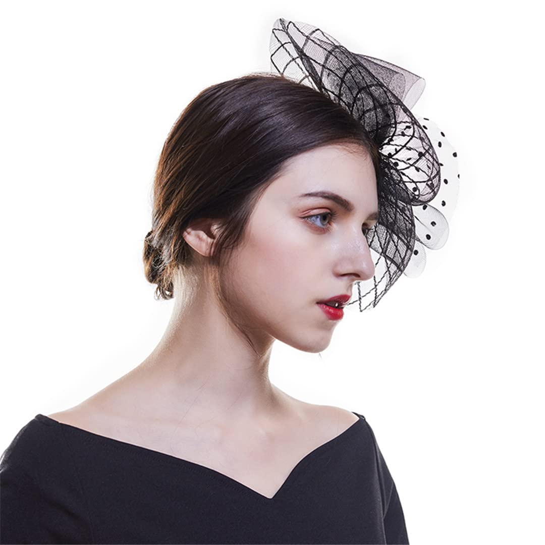 Mesh Topper Big Bow Solid Black Hat Headband Hair Clip for Women Cocktail Tea Party Hat Wild Hair Accessory White