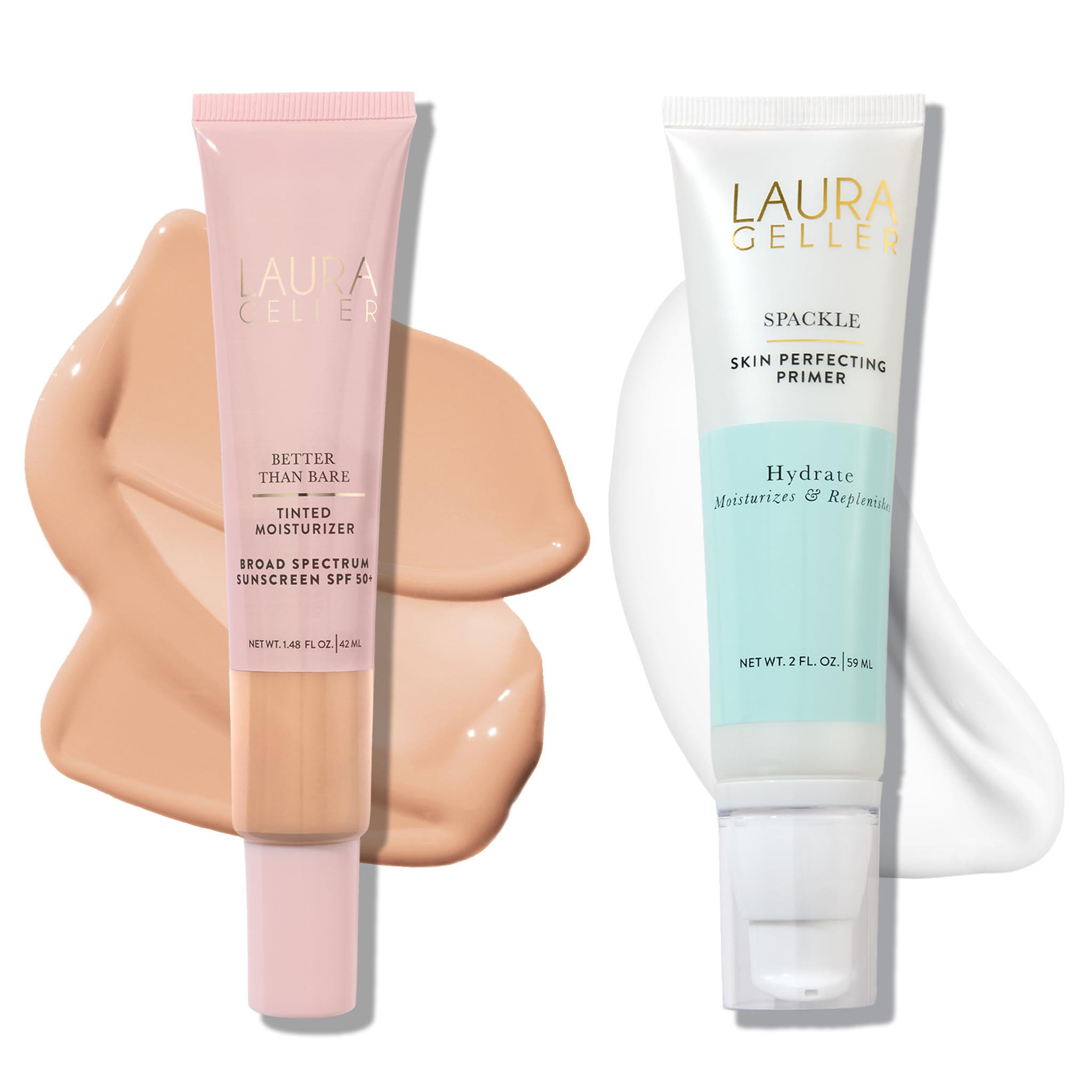 LAURA GELLER NEW YORK Better than Bare Tinted Moisturizer SPF 50 - Fair 130 - Buildable Light to Medium Coverage + Spackle Super-Size Skin Perfecting Makeup Primer with Hyaluronic Acid, Hydrate