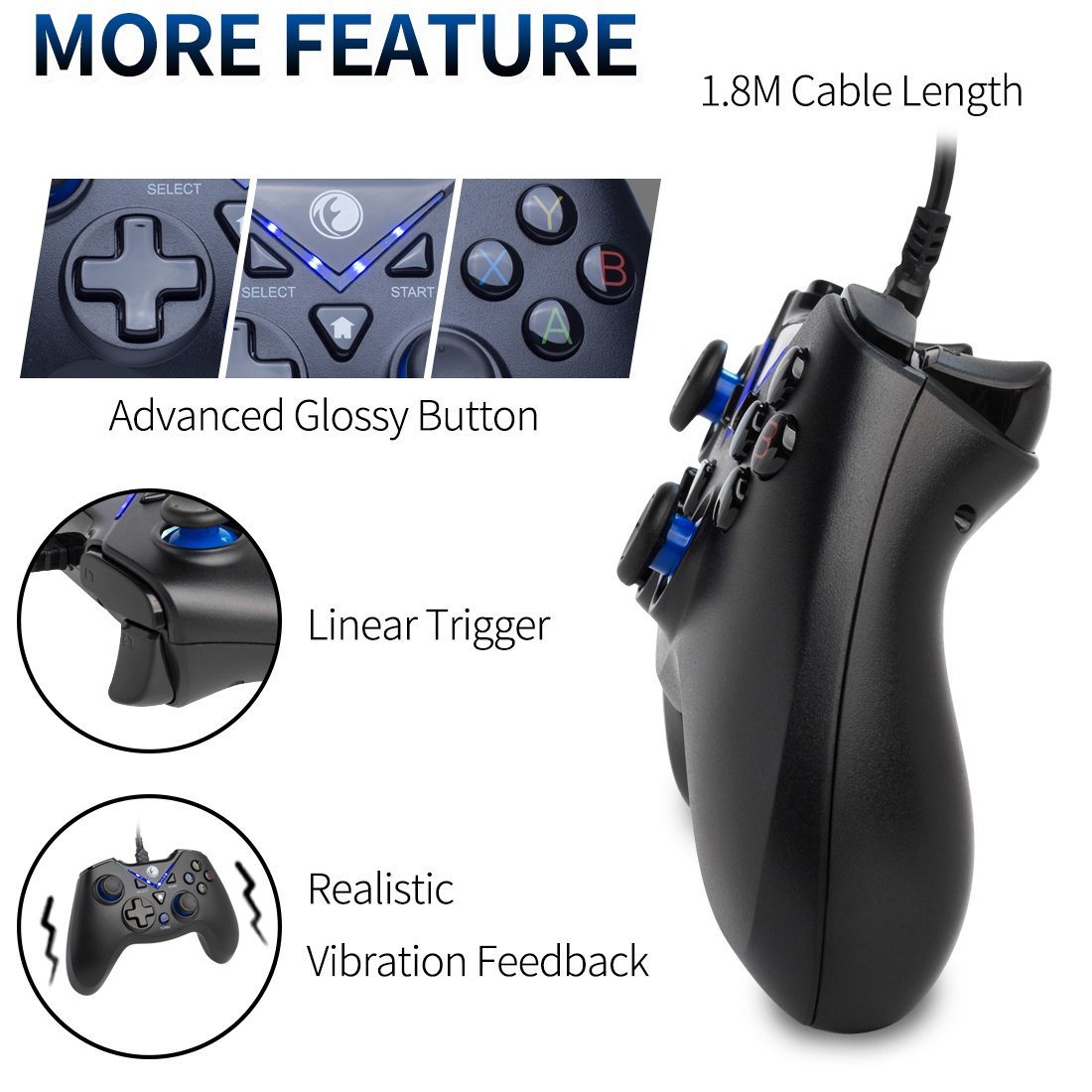IFYOO ZD V-one Wired Gaming Controller USB Gamepad Joystick for PC(Windows XP/7/8/10) & Playstation 3 & Android & Steam (V-one[Black&Blue])