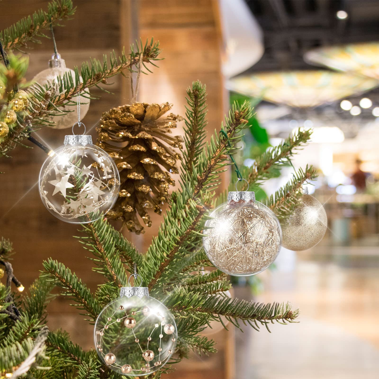 KESOTO 24Ct Christmas Ornament Balls 60mm/2.3", Shatterproof Champagne Christmas Tree Decorations Ornament Sets Clear Plastic Xmas Hanging Ball Decor