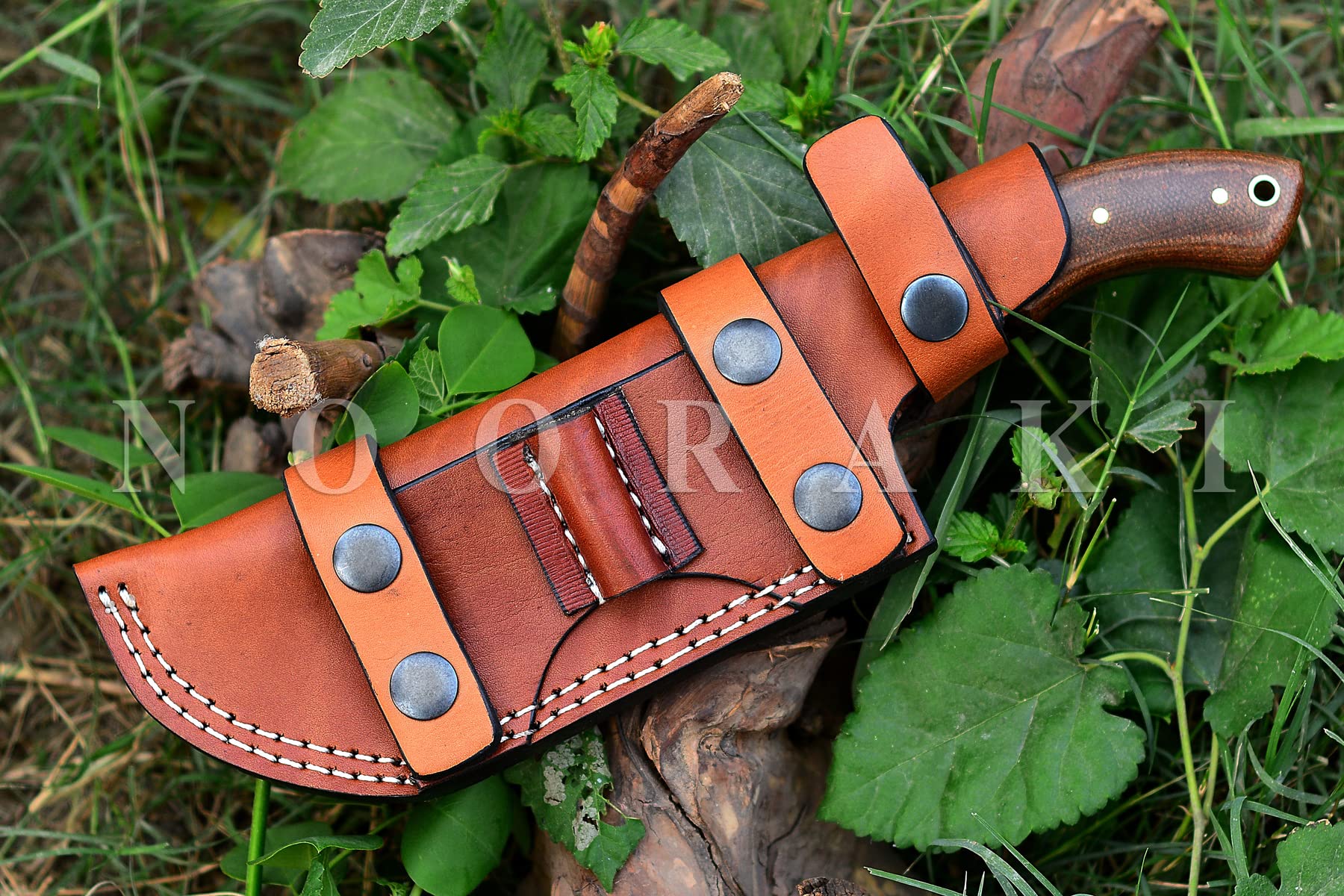 Nooraki - 11 inch | Custom Handmade Damascus Tracker Knife with Brown Micarta Handle Hunting knife, Camping knife, Bushcraft Knife, Survival Knife - Full Tang Fire Pattern With Sheath #332