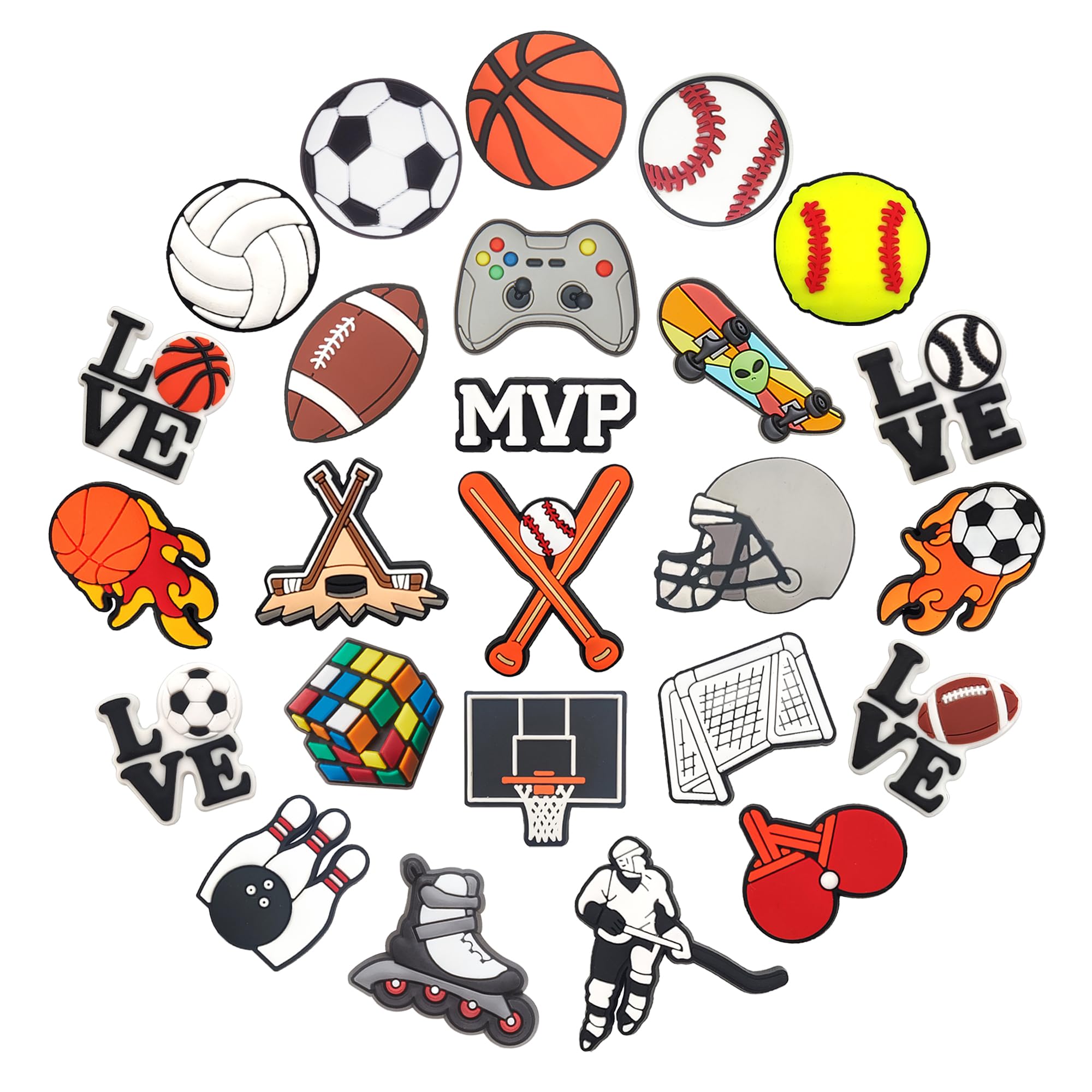 JunxinGYL 25Pcs Shoe Charms for Boys Shoe Decorations Football Basketball Baseball with Buttons for Clog Sandals Birthday Party Gift