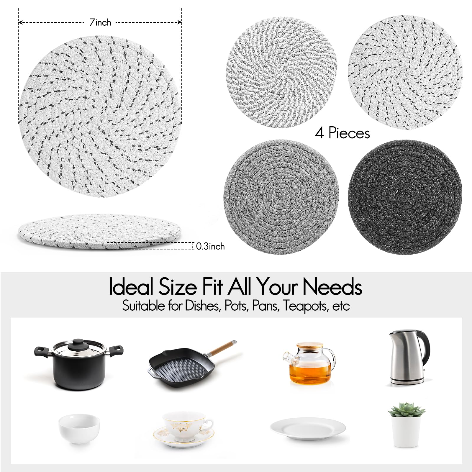 Ueixieo 7" Trivets for Hot Dishes, Hot pots and Pans, 4 Pcs Pot Holders for Kitchen,Heat Resistant Hot Holders are Used to Protect Your Furniture and Tables, Professional Home Essentials