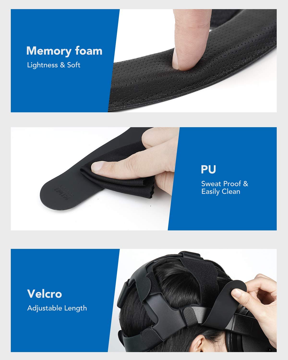 KIWI design Head Strap Pad VR Headset Accessories Reduce Head Pressure Comfortable PU Leather & Soft Foam Pad Headband Cushion Custom Set 3-Pieces Fit Quest, Not Fit Quest 2