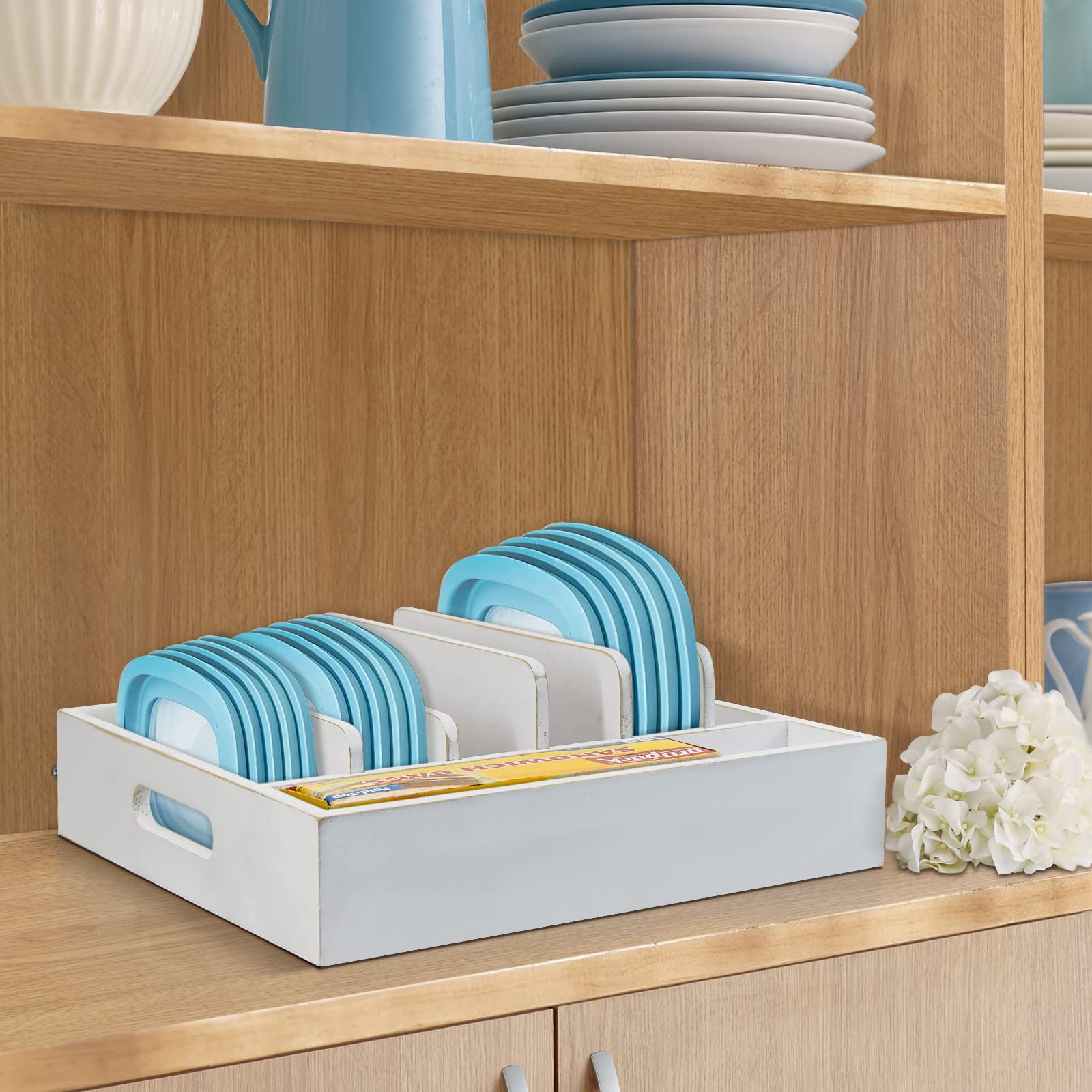 Lid Organizer for Plastic Lids, Food Containers Lid Organizer for Cabinet, Large Capacity Lid Holder Includes 5 Adjustable Dividers and 1 Big Divider, Wood Kitchen Cabinet Lid Organizers for Drawer