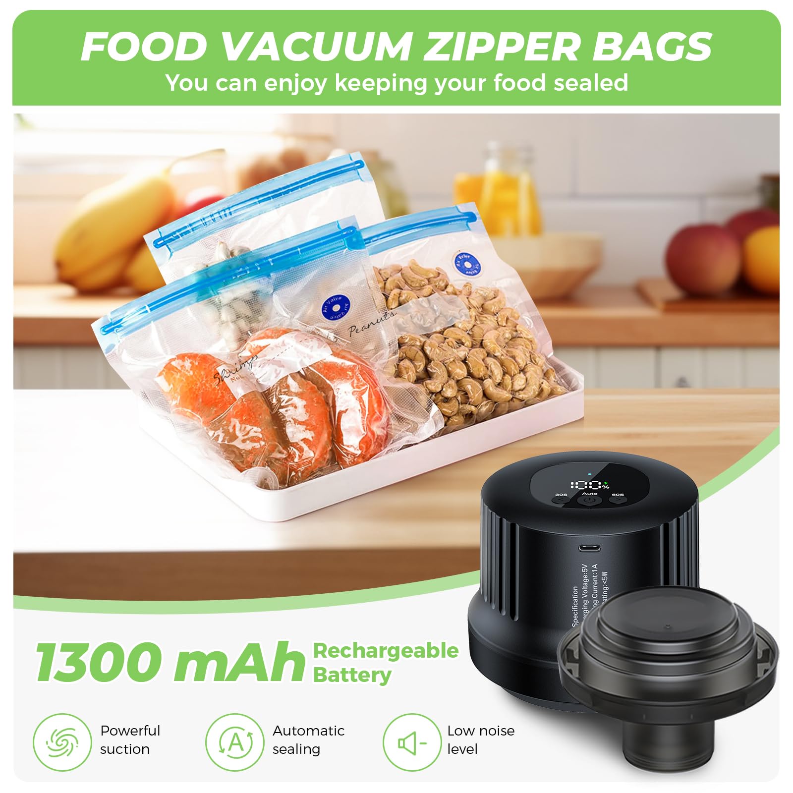 YANOY Electric Mason Jar Vacuum Sealer Kit for Wide Mouth and Regular Mouth Mason Jars, Food Saver Bags & Vacuum Seal Containers, ๐ฎ๐ฌ๐ฎ๐ฐ ๐๐ฆ๐๐ซ๐ญ ๐๐ฉ๐ ๐ซ๐๐๐ - ๐๐ฅ๐๐๐ค ๐๐ซ๐จ