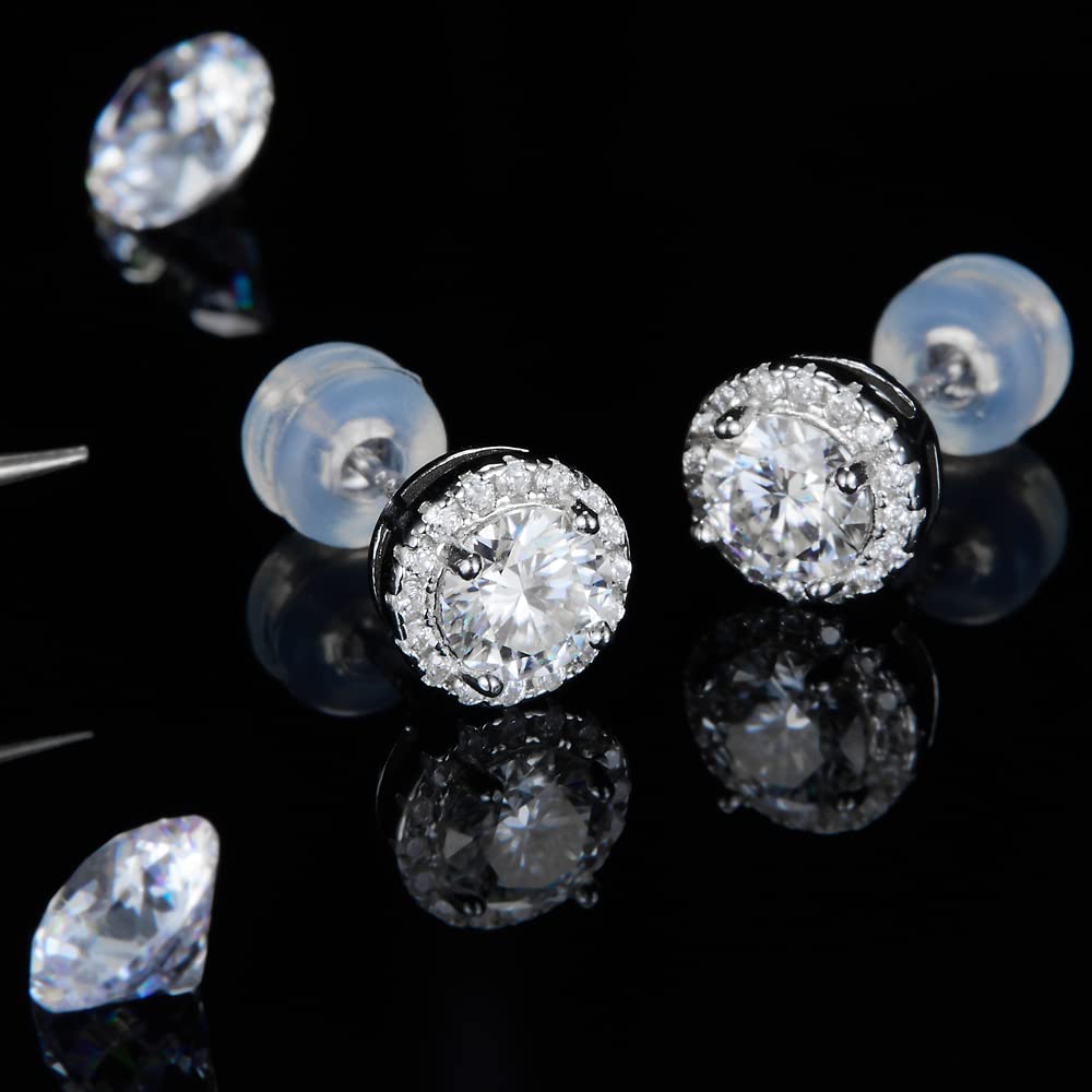 Moissanite Earrings for Women Men 18K White Gold Plated Round Cut Lab Created Diamond Halo Stud Earrings