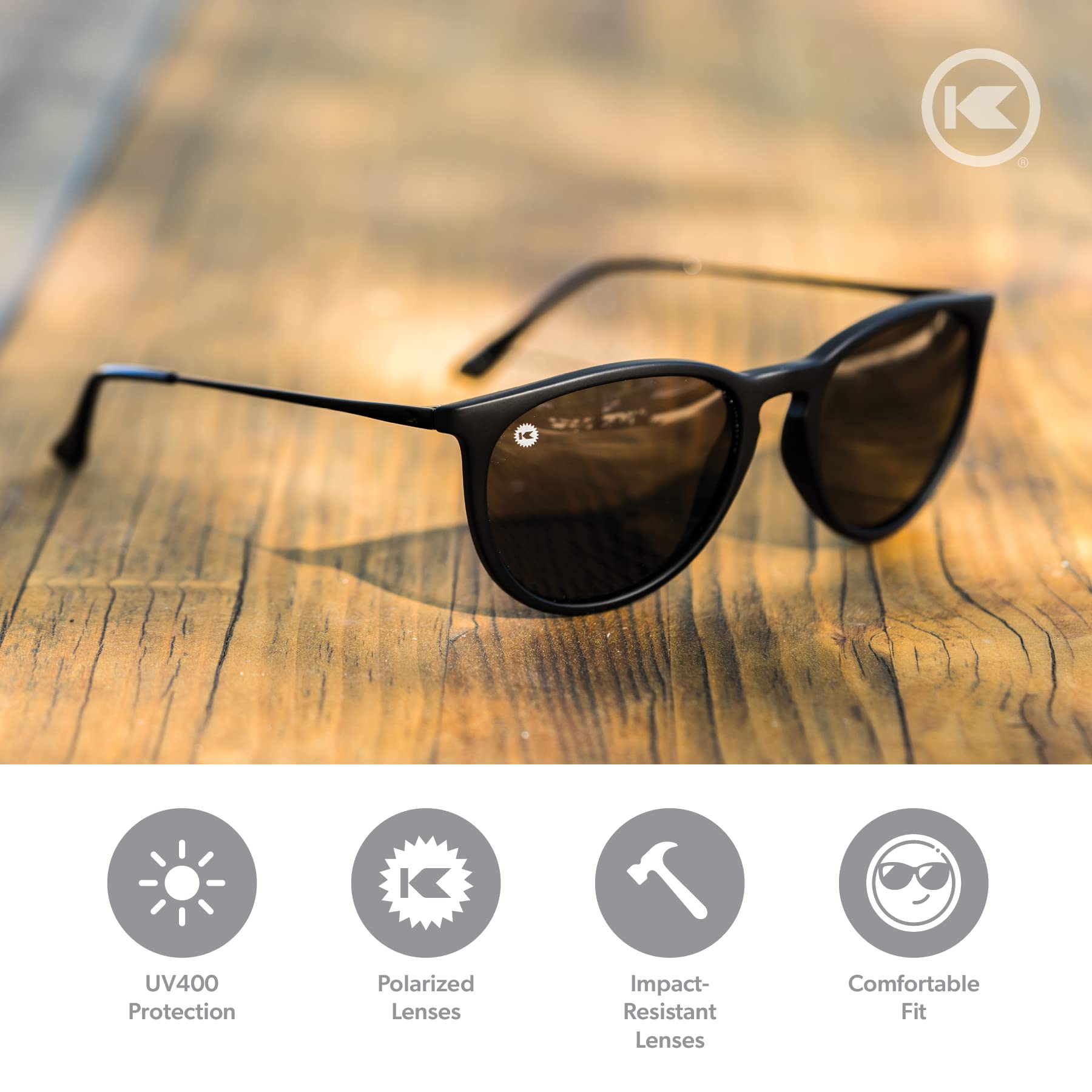 Knockaround Mary Janes Polarized Sunglasses for Women & Men - Impact Resistant Lenses & Full UV400 Protection, Matte Black on Black