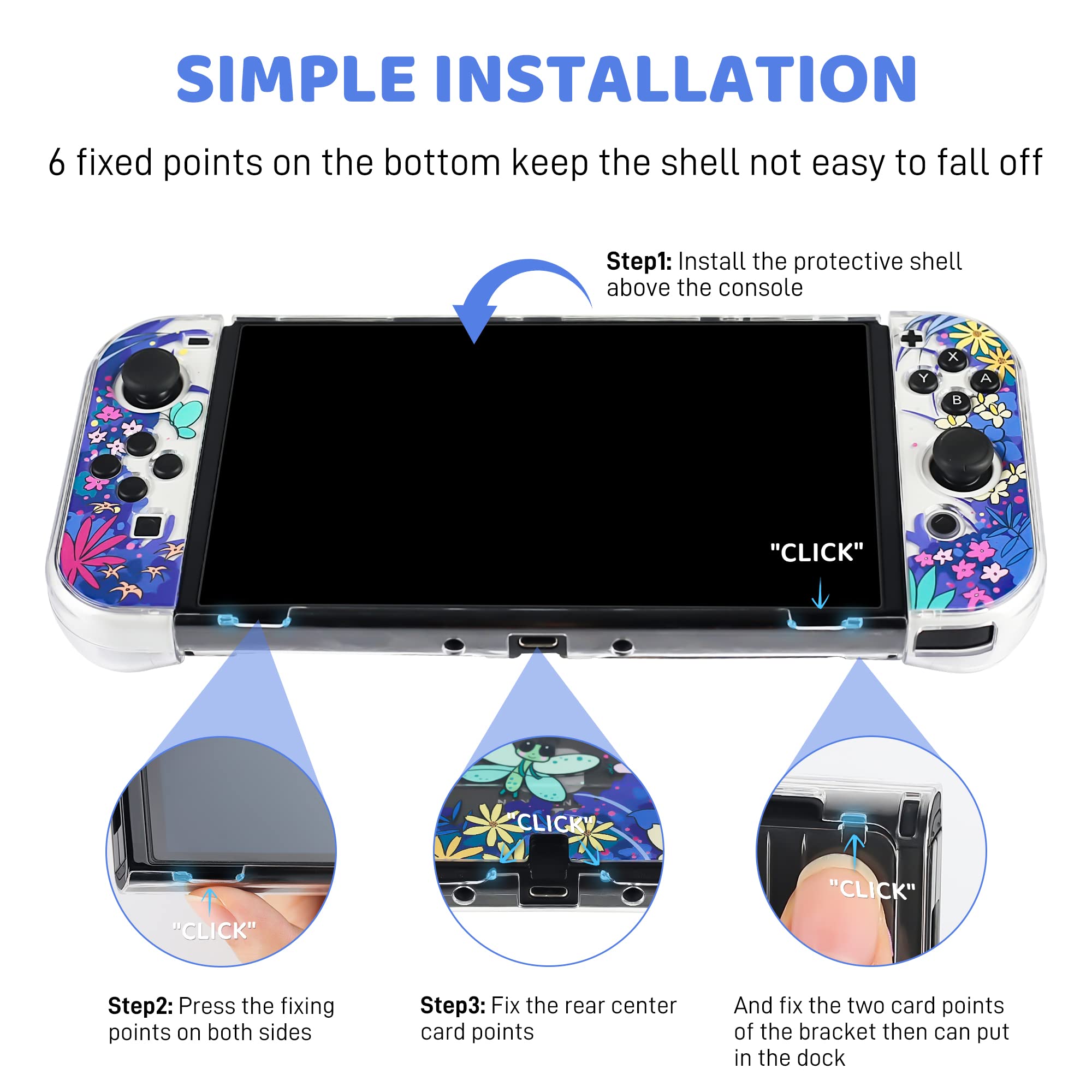 LASTYAL Cute Protective Case Compatible with Nintendo Switch OLED Model, Transparent Flip Shell for Switch OLED Console and Joycon Controller - Bee, Butterfly and Dragonfly