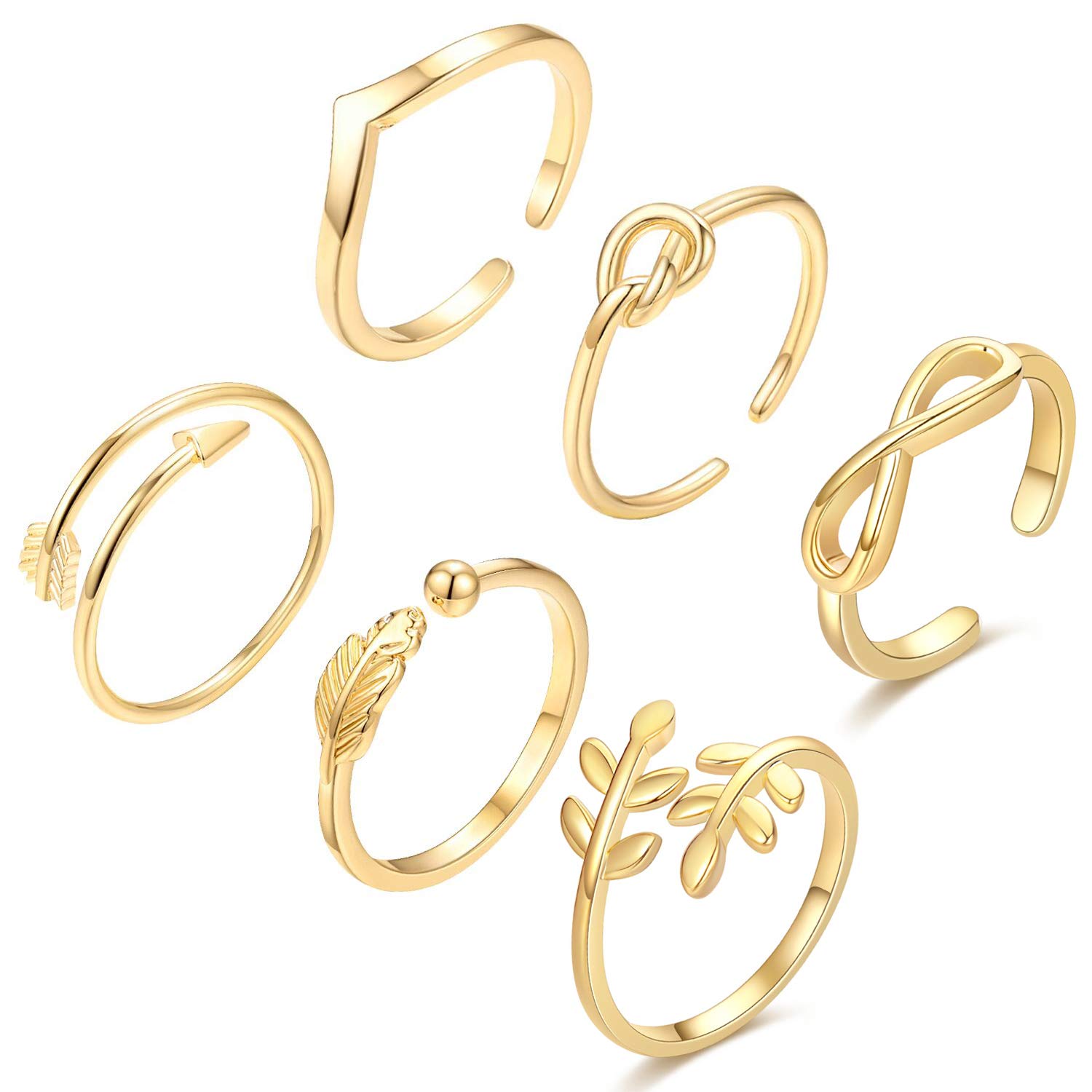 KOHOTA 6PCS Simple Adjustable Rings Set Arrow Love Knot Wave Rings for Women Open Rings Set Stackable Thumb Knuckle Rings Valentines Gift for Her Mom Girlfriend