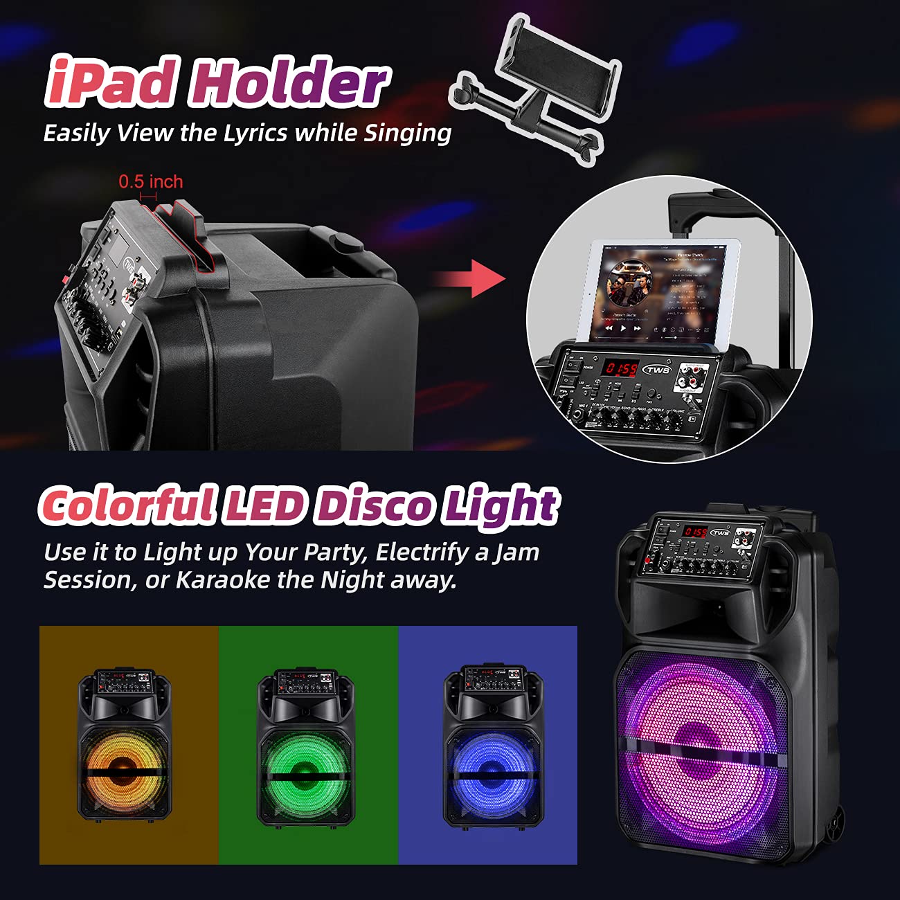Karaoke Machine for Kids BT Connectivity with 2 Wireless Microphones, Dazzling DJ Disco Light 12'' Sub-woofer Portable Wireless PA Speaker System Bonus 1 Corded Mic and Remote, Great Gift For Kids