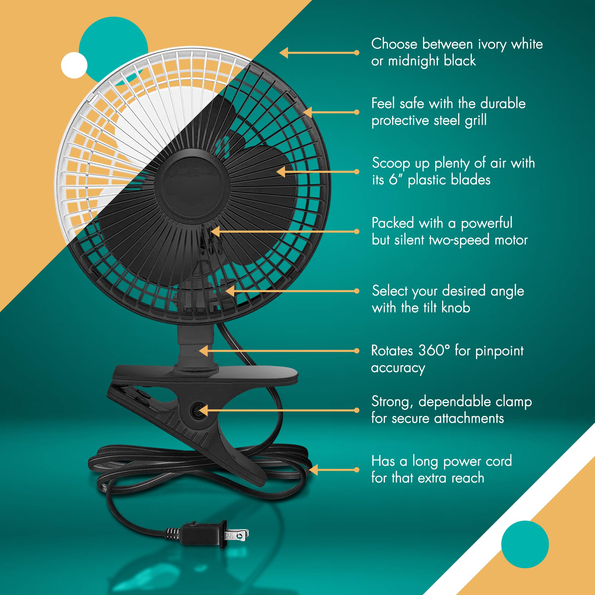 JOEY'Z 6 INCH - 2 Speed - Adjustable Tilt, Whisper Quiet Operation Clip-On-Fan with 5.5 Foot Cord and Steel Safety Grill (2, 6" Fan with 5 FT Cord)