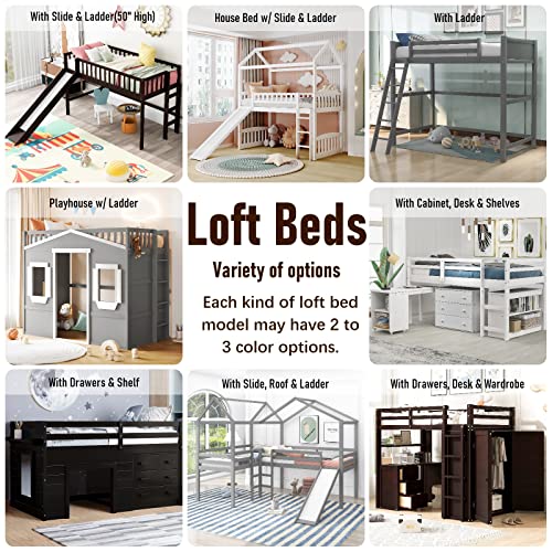 Twin Loft Bed with Slide Rails Frame Wood for Junior Kids Slat Support, No Box Spring Needed
