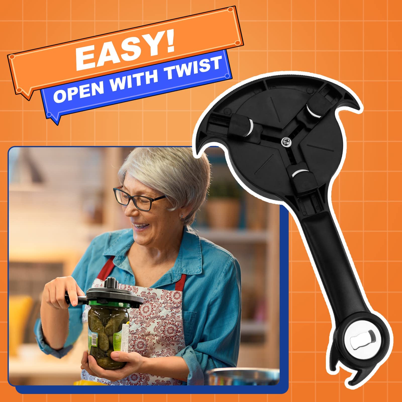 Powerful and Multifunctional Jar Opener for Seniors with Arthritis, Adjustable Jar Lid Opener for Weak Hands, 3-in-1 Labor-Saving Jar and Bottle Opener Opens Pop-Top Cans Beer Bottles Soda Cans