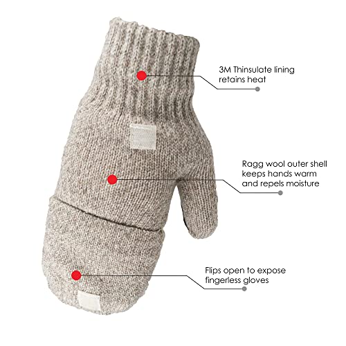 Illinois Glove Company 360L Rag Wool Glomitt Flip Mitten 3M Thinsulate Lined Soft Leather Grip Palm L Tan, Soft Leather Palm for Grip, Elastic Wrist, Mitten Flips Open to Expose Fingerless Gloves