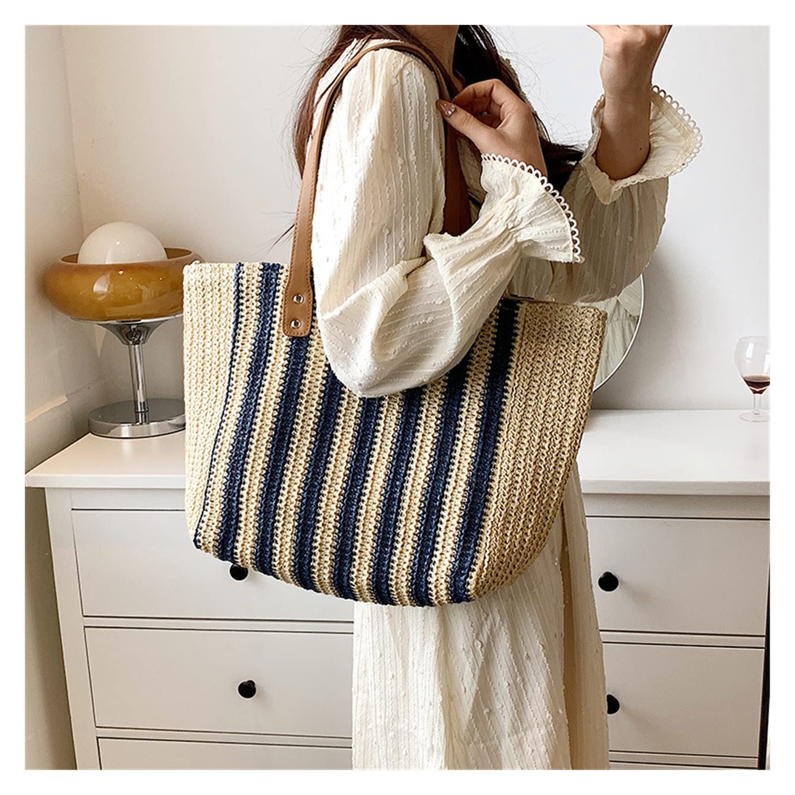 N/A Summer Striped Straw Bag Women Woven Shoulder Handbag Rattan Handmade Beach Bag Large Capacity Totes (Color : B, Size : One Size)