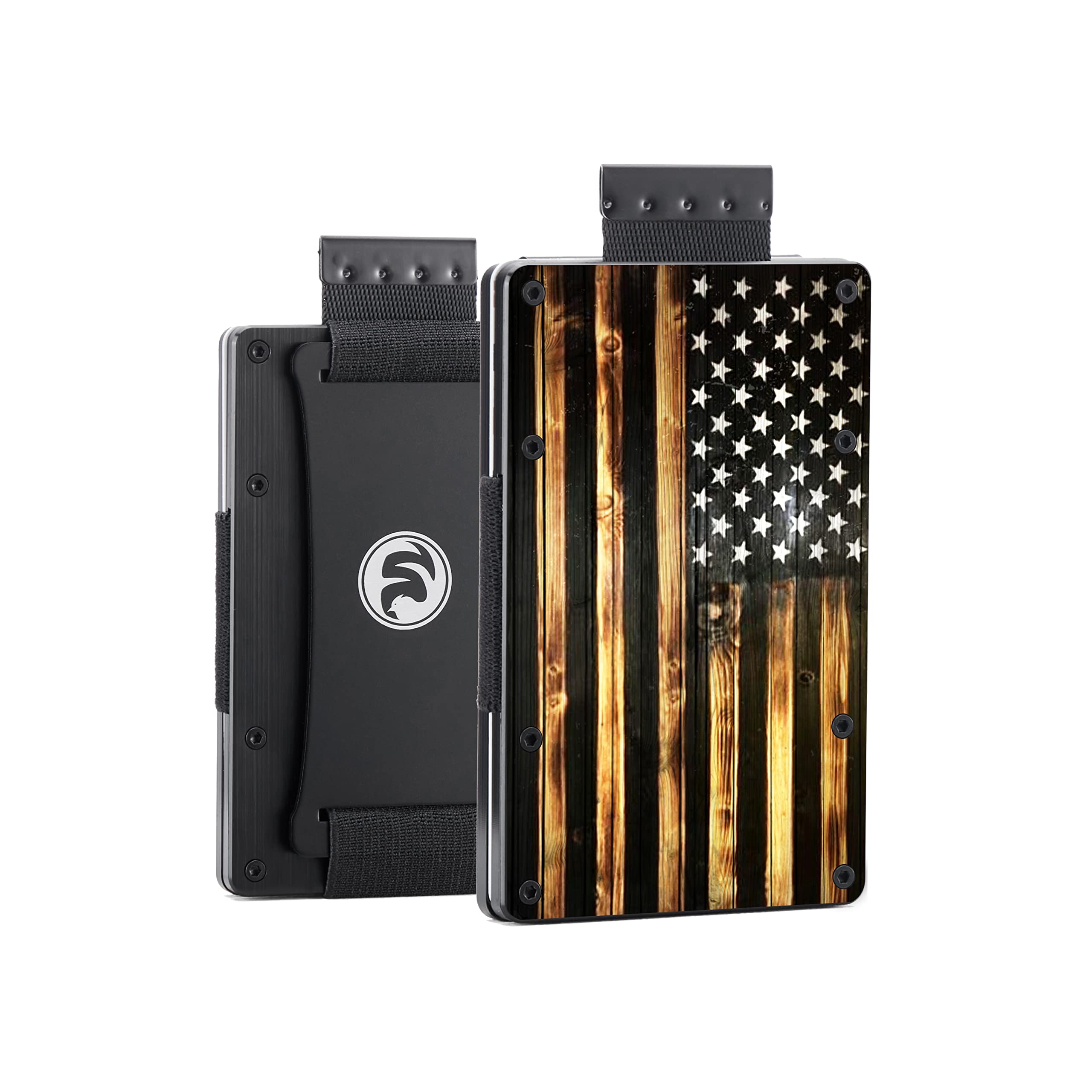 Men Minimalist Metal Wallet with Cash Strap | Wood American Flag | Slim Pocket RFID Blocking Pull Card Holder | Personalized Aluminum EDC Tactical Wallets | Money Case Carbon Fiber