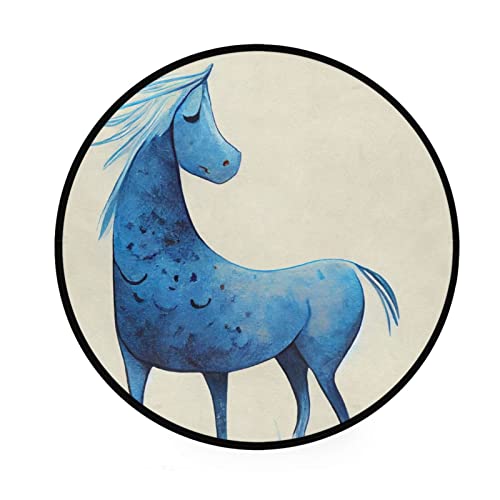 Vnurnrn Abstract Blue Horse Round Area Rug, Non Slip Indoor Throw Area Rug, Washable Circle Carpet Floor Mat for Living Room, Door Mat Entryway, Bedroom, Sofa, 3 Ft