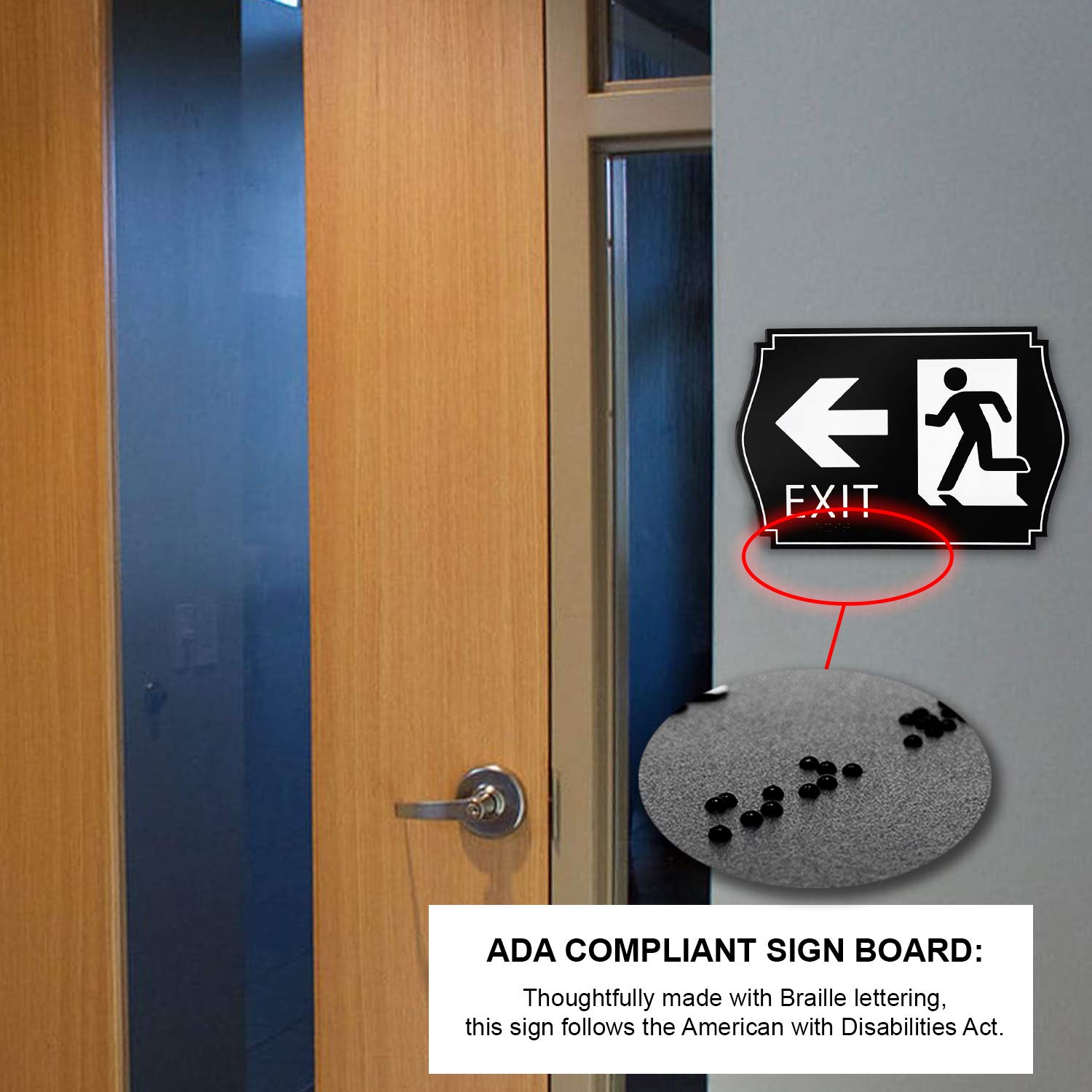 KickFire Classics Exit Sign Braille - ADA Compliant Black and White Signage, Self-Adhesive Mounted - Tactile Emergency Route Board for Office, Business, Stairwell, Home and Restaurant - Arrow Left