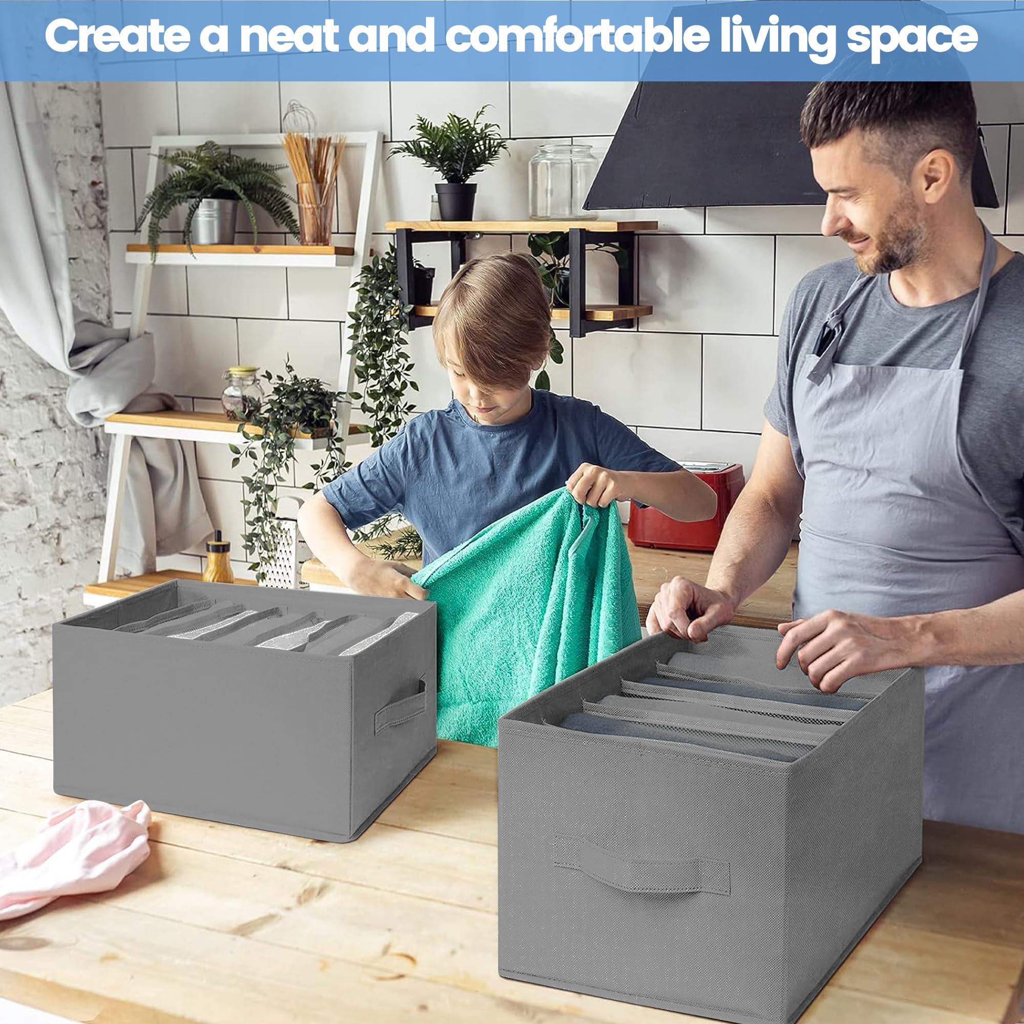 Large Wardrobe Clothes Organizer and Storage Box with Handles, 3 Pcs 22 Grids Stackable Bins for Clothing, Jeans, Pants, Sweater Storage - Stylish Dark Grey Solution for an Organized Closet.