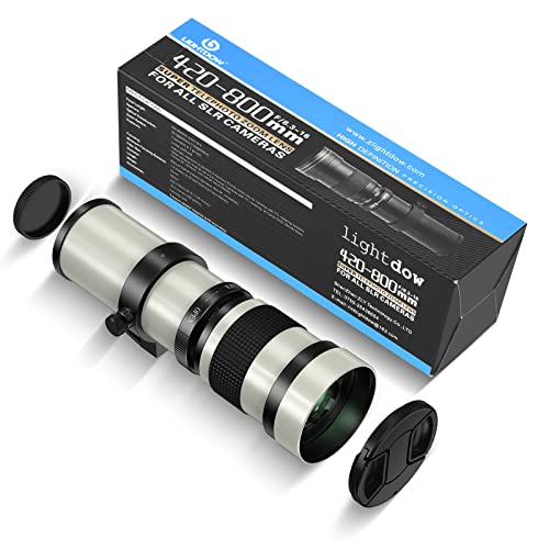 Lightdow 420-800mm f/8.3 Manual Zoom Super Telephoto Lens + T Mount Ring for Nikon D3500 D5600 D7500 D500 D600 D700 D750 D800 D850 D3200 D3400 D5100 D5200 D5300 D7000 D7200 Camera (White Version)