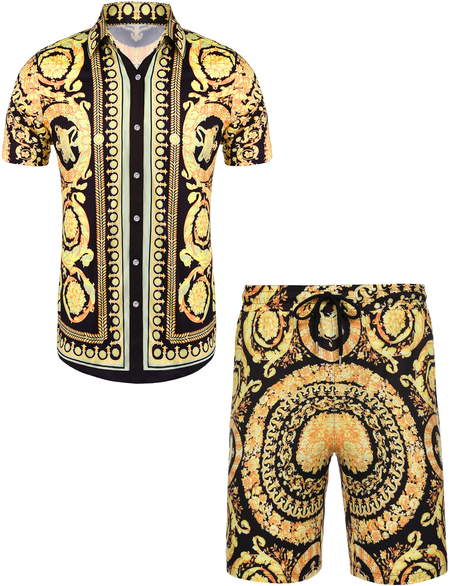 Men Outfits 2 Piece Outfits Track Suits Set Aloha Two Piece Outfit Casual Button Down Shirts Short Sleeve Bape Shirts Floral Button Down Shirt Camisas De Moda para Hombre Gold