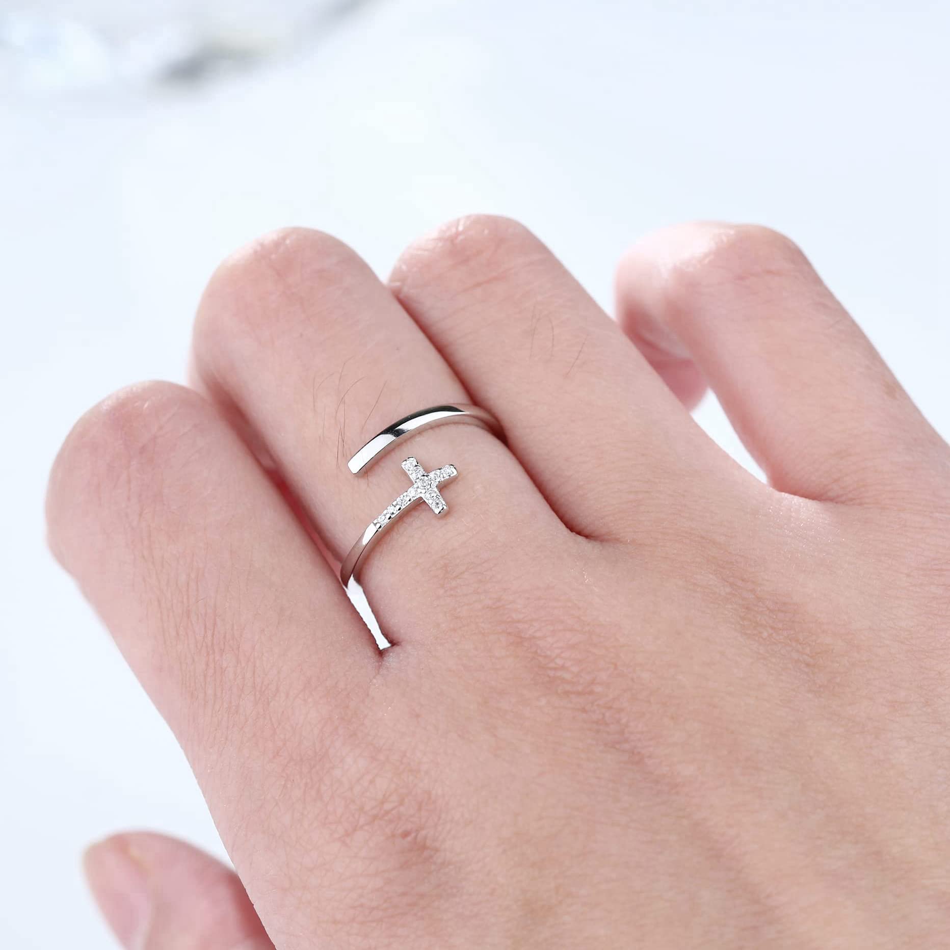 MUSECLOUD 925 Sterling Silver Cross Ring for Women Dainty Open Christian Ring Birthday Christmas Religious Jewelry Gift Simple CZ Cross Adjustable Ring