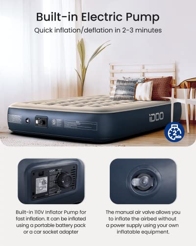 iDOO Queen Size Air Mattress, Inflatable Airbed with Built-in Pump, 3 Mins Quick Self-Inflation/Deflation, Comfortable Top Surface Blow Up Bed, 80x60x13in, 650lb MAX, Grey, (I-C-018)