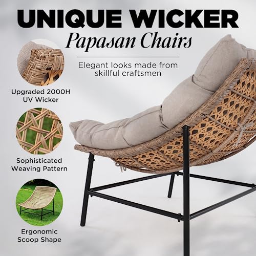 Idzo Caline Large Rattan Bistro Set Outdoor 3 Piece with Glass Side Table, Premium Olefin Thick Cushion, Upgraded 2000Hrs UV Resistant Wicker for Patio Use, Papasan Chair Design