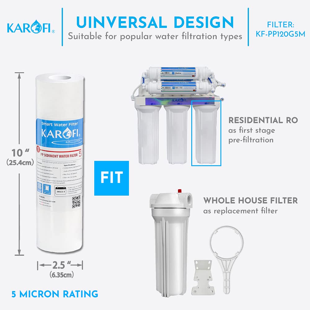 KAROFI 4-Pack 5 micron 10" x 2.5" Whole House Water Filter Cartridge | Sediment Water Filter Replacement for 10 Inches Reverse Osmosis System