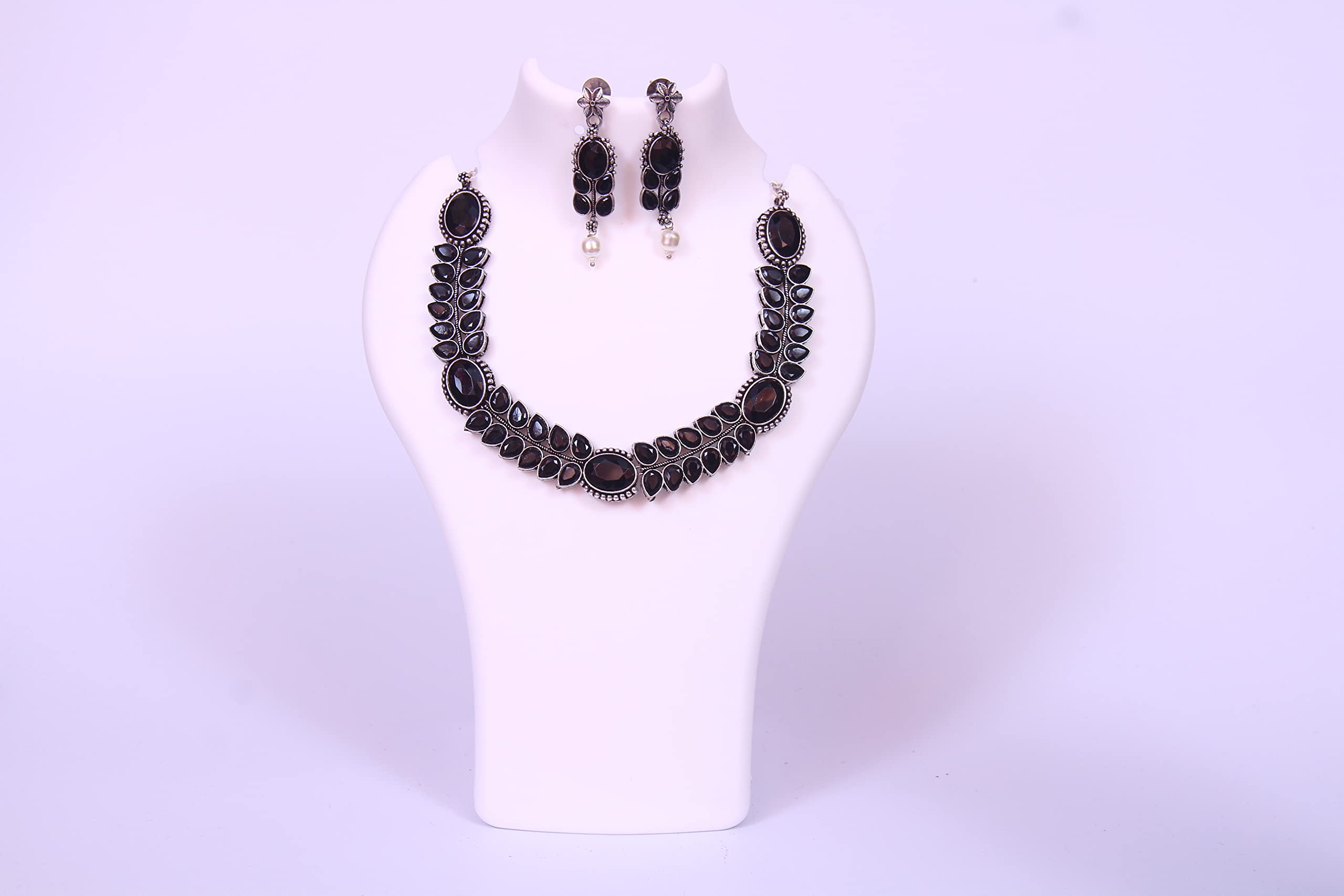 PS Traditional Silver Plated Black Stone Choker Leaf Style Wedding Jewelry Set for Women
