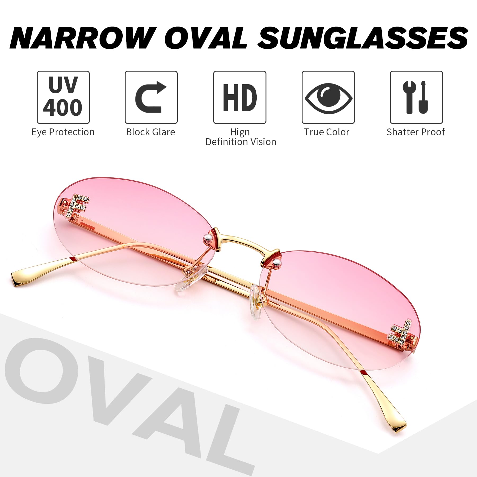 Revemo Rimless Oval Sunglasses for Women Men Vintage Narrow 90s Designer Cool Sun Glasses
