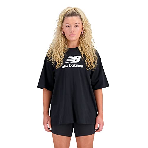 New Balance Women's Essentials Stacked Logo Cotton Oversized Short Sleeve, Black, XX-Large