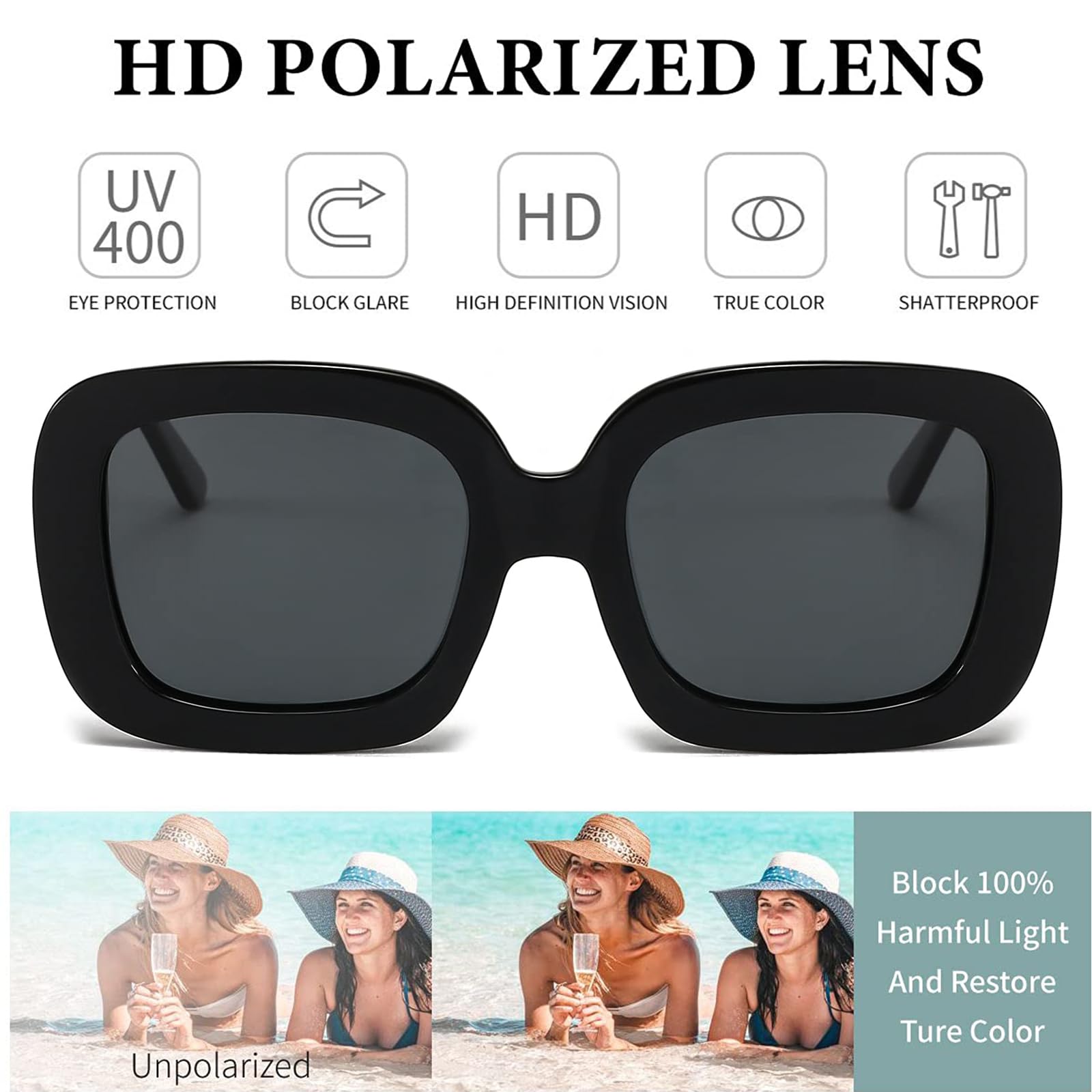 Oversized Polarized Sunglasses Square Shades: Trendy Large Big Ladies Sun Glasses - Luxury Vintage Black Sunglasses UV Protection