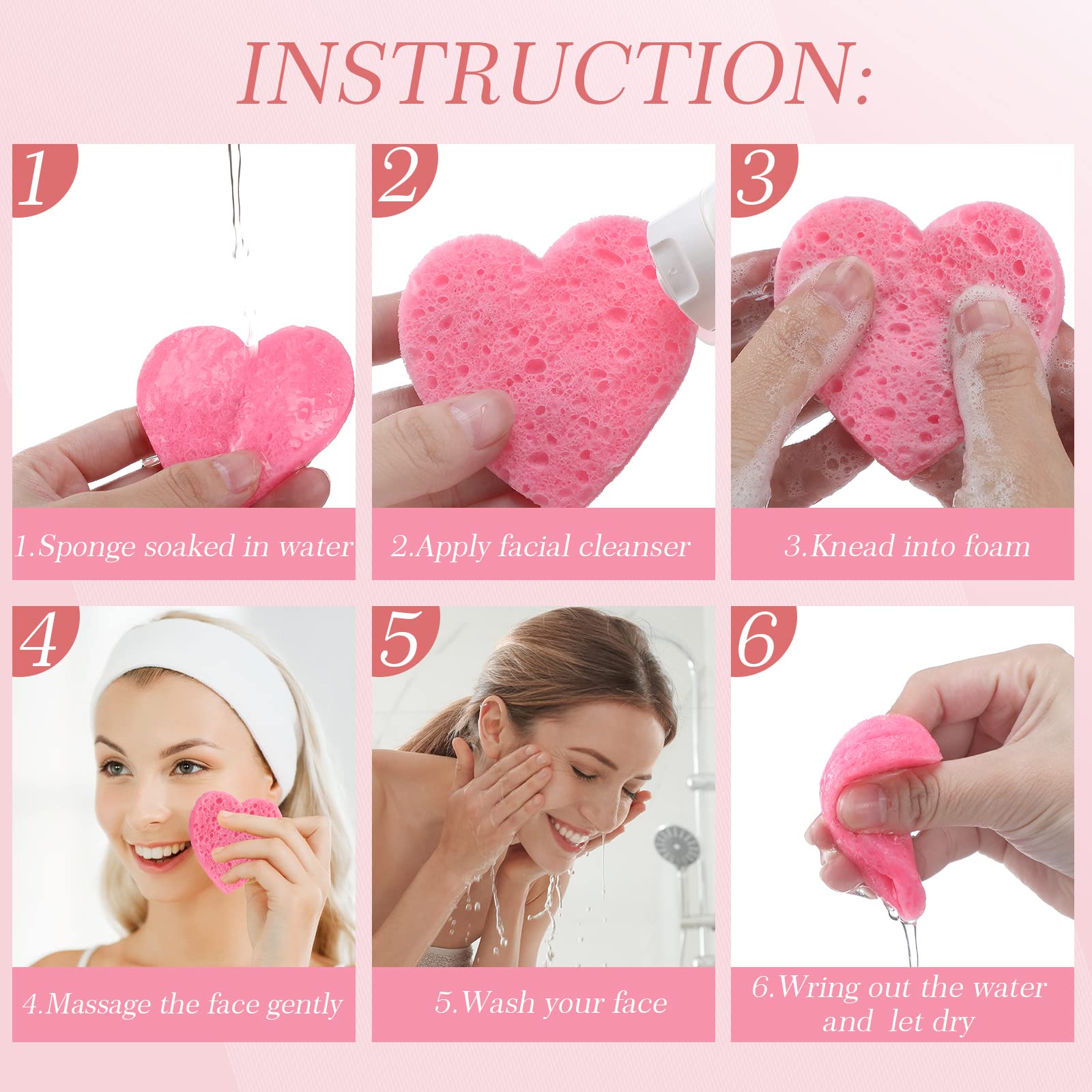 Sieral 120 Pcs Compressed Facial Sponges with Container Face Sponge Disposable Sponge Pads for Washing Face Cleansing Exfoliating Esthetician Makeup Removal(Pink, Heart)