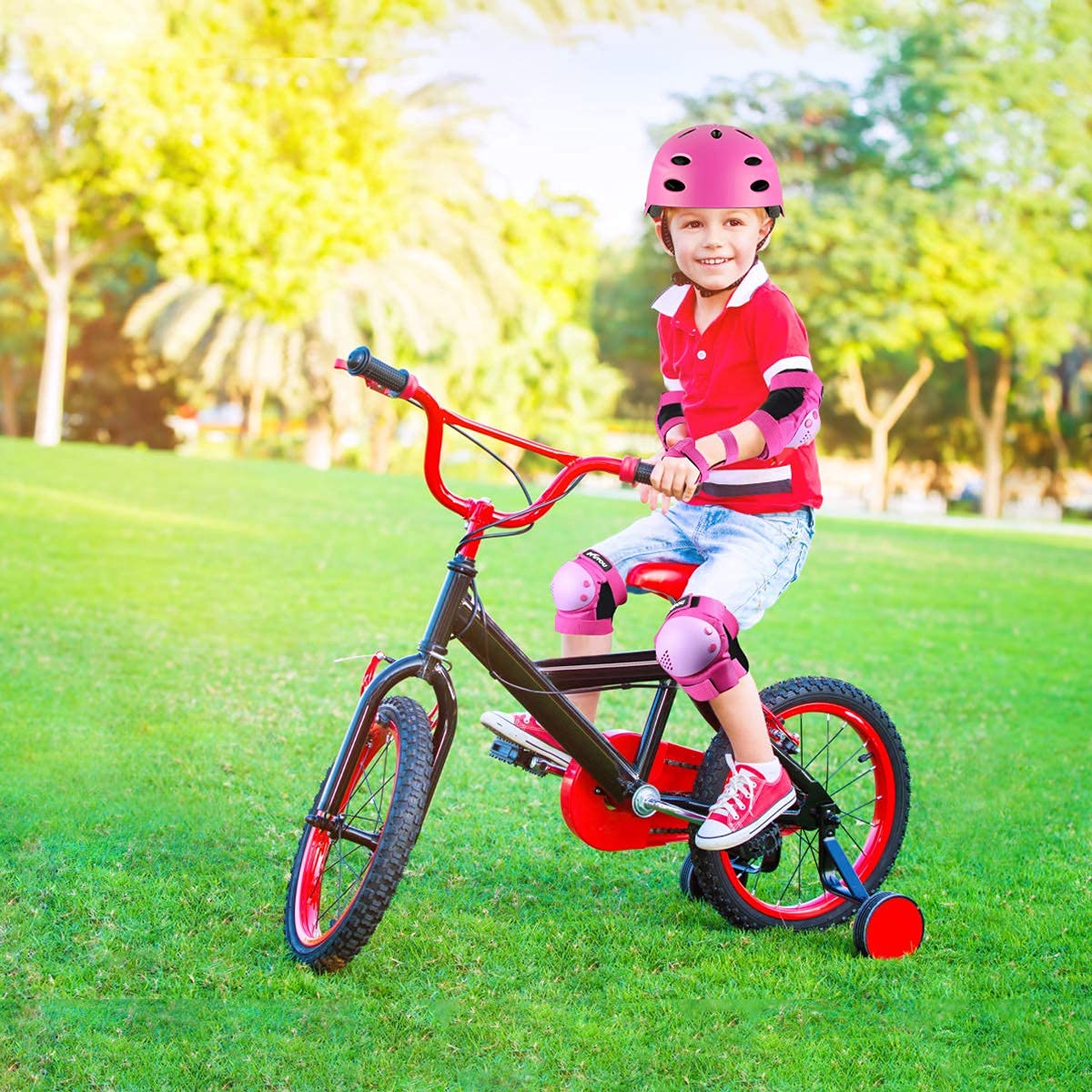 Kid's Protective Gear Set,Roller Skating Skateboard BMX Scooter Cycling Protective Gear Pads (Knee Pads+Elbow Pads+Wrist Pads+ Helmet) (Rose Red)
